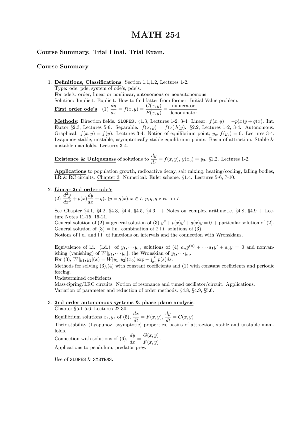Review Sheet For Final Introduction To Ordinary Differential