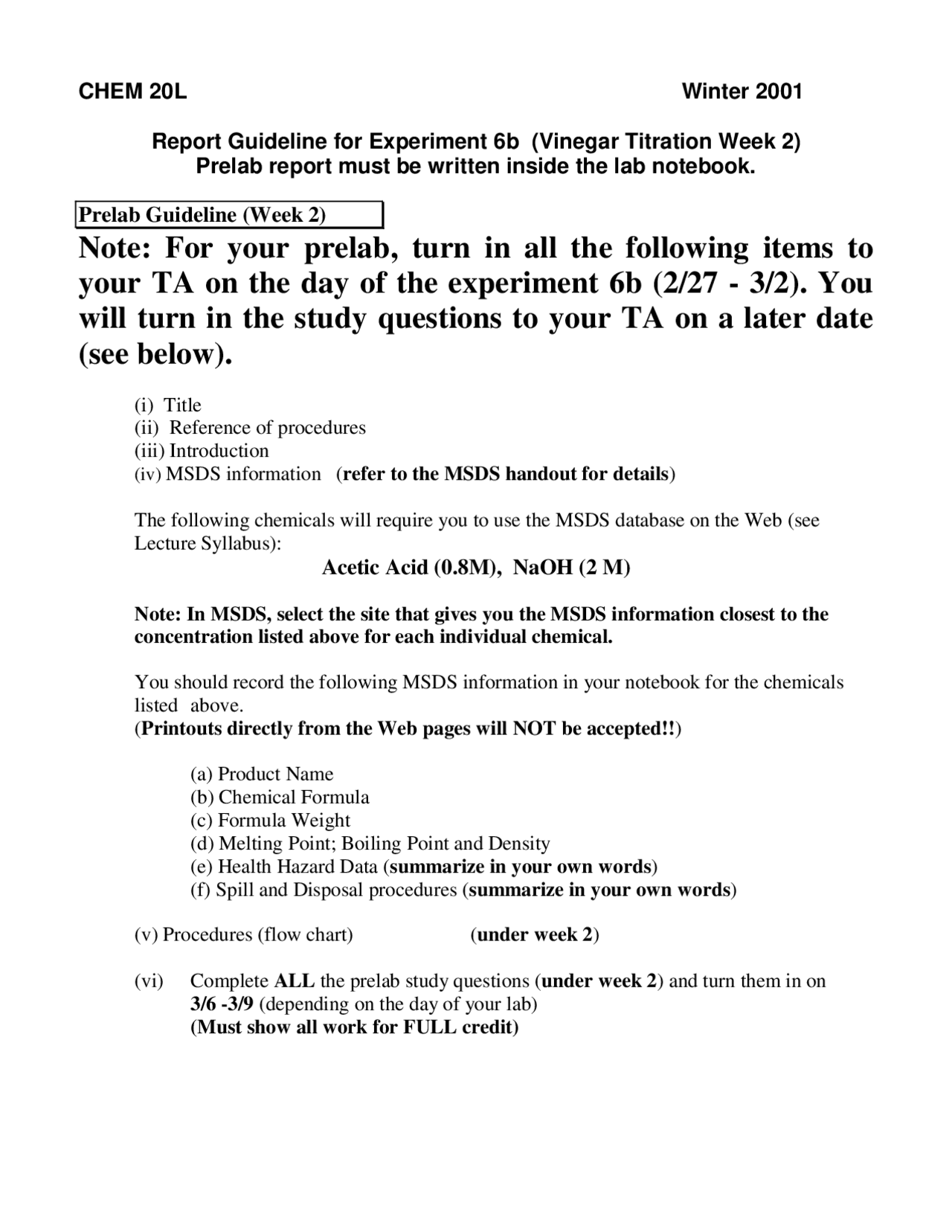 Report Guideline For Experiment 6b General Chemistry Laboratory Chem