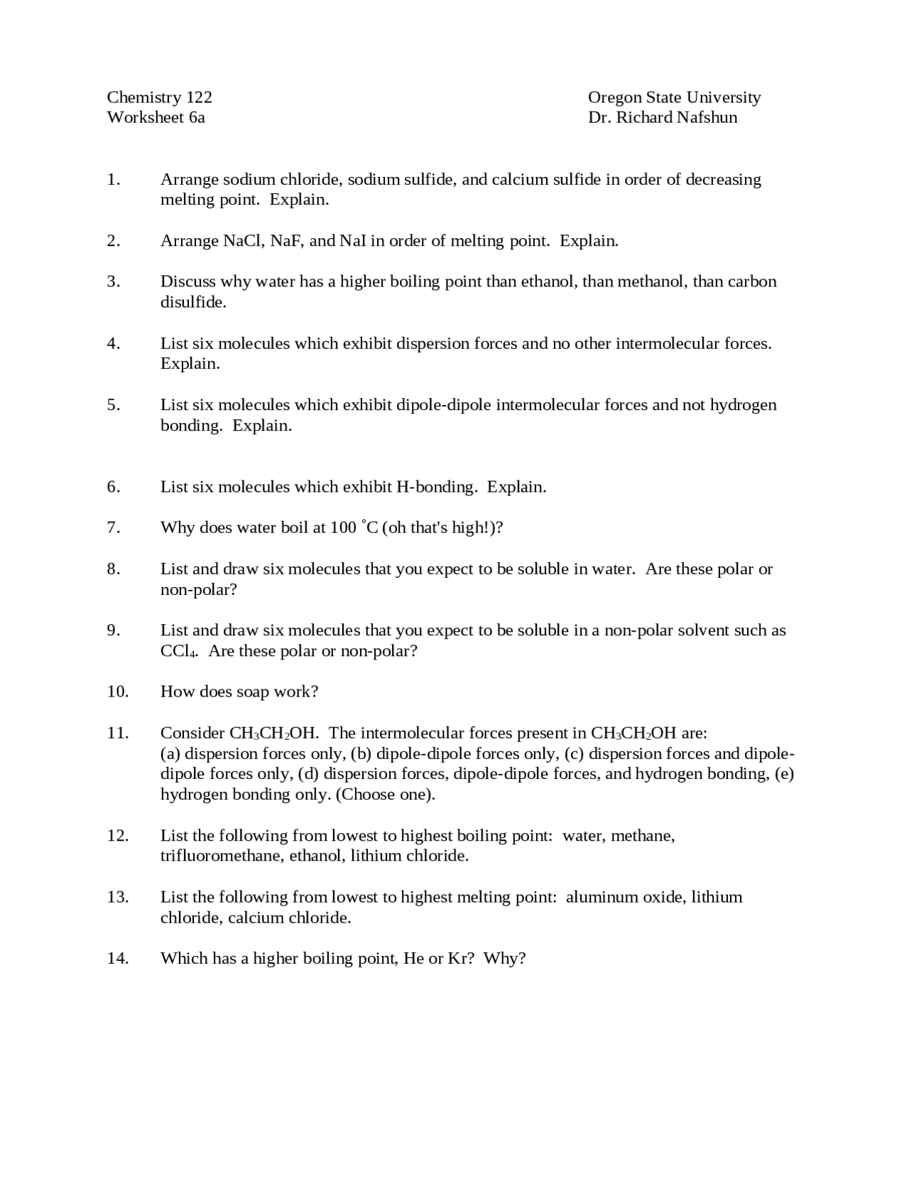 14 Questions For General Chemistry Assignment 6 Ch 121 Docsity