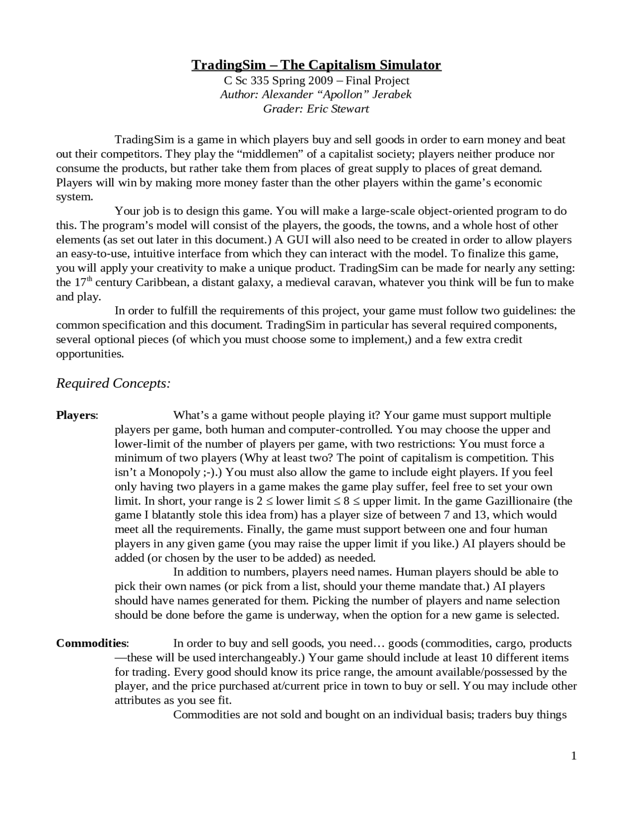 The Capitalism Simulator Project - Object-Oriented Programming | C SC 335 - Docsity