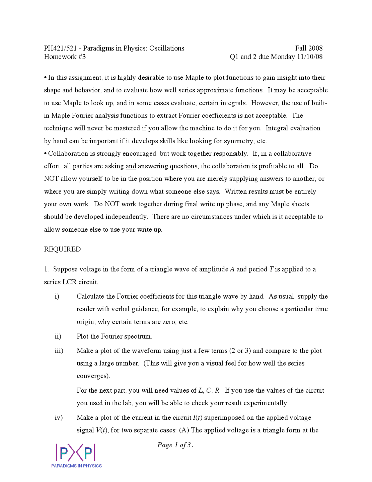 Paradigm In Physics Oscillations Assignment 3 Ph 421 Docsity