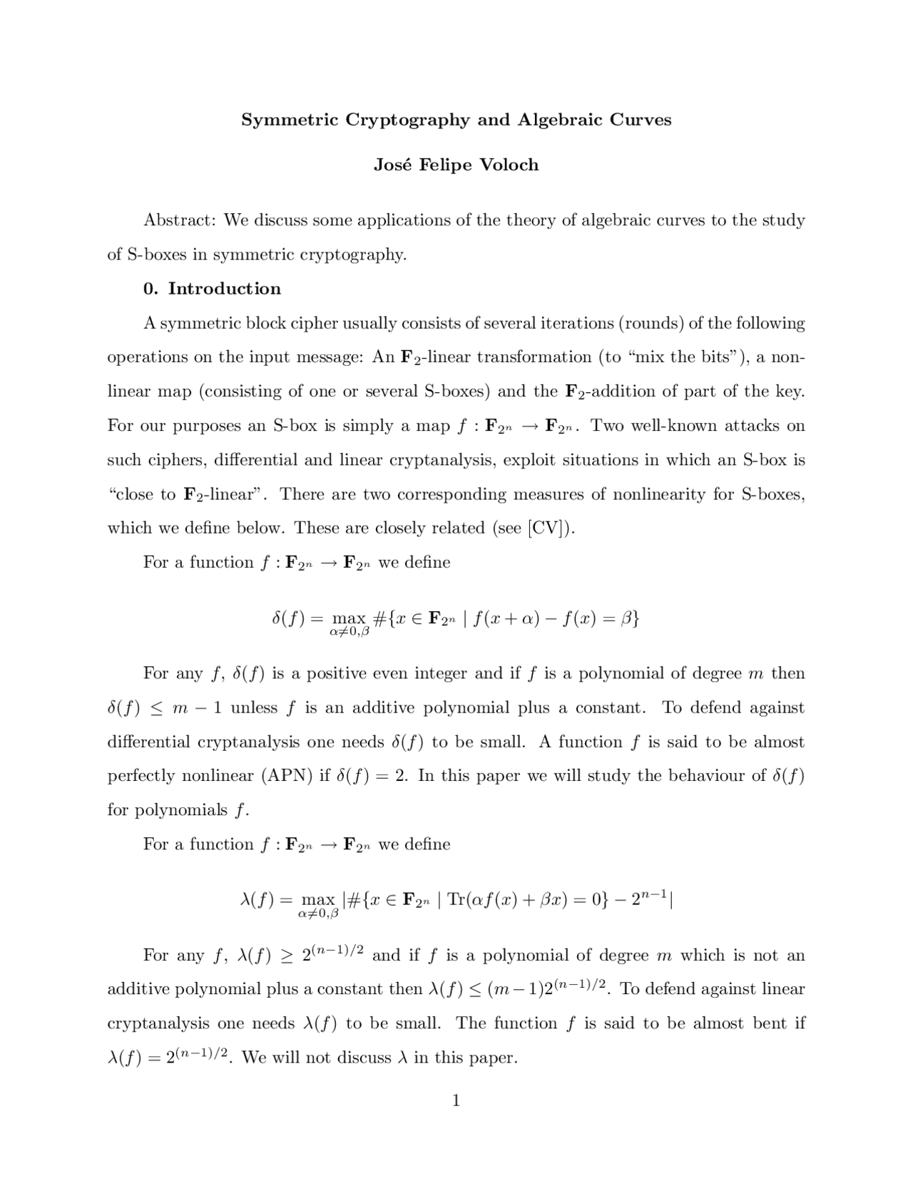 Symmetric Cryptography and Algebraic Curves - Paper 1 | N 1 - Docsity