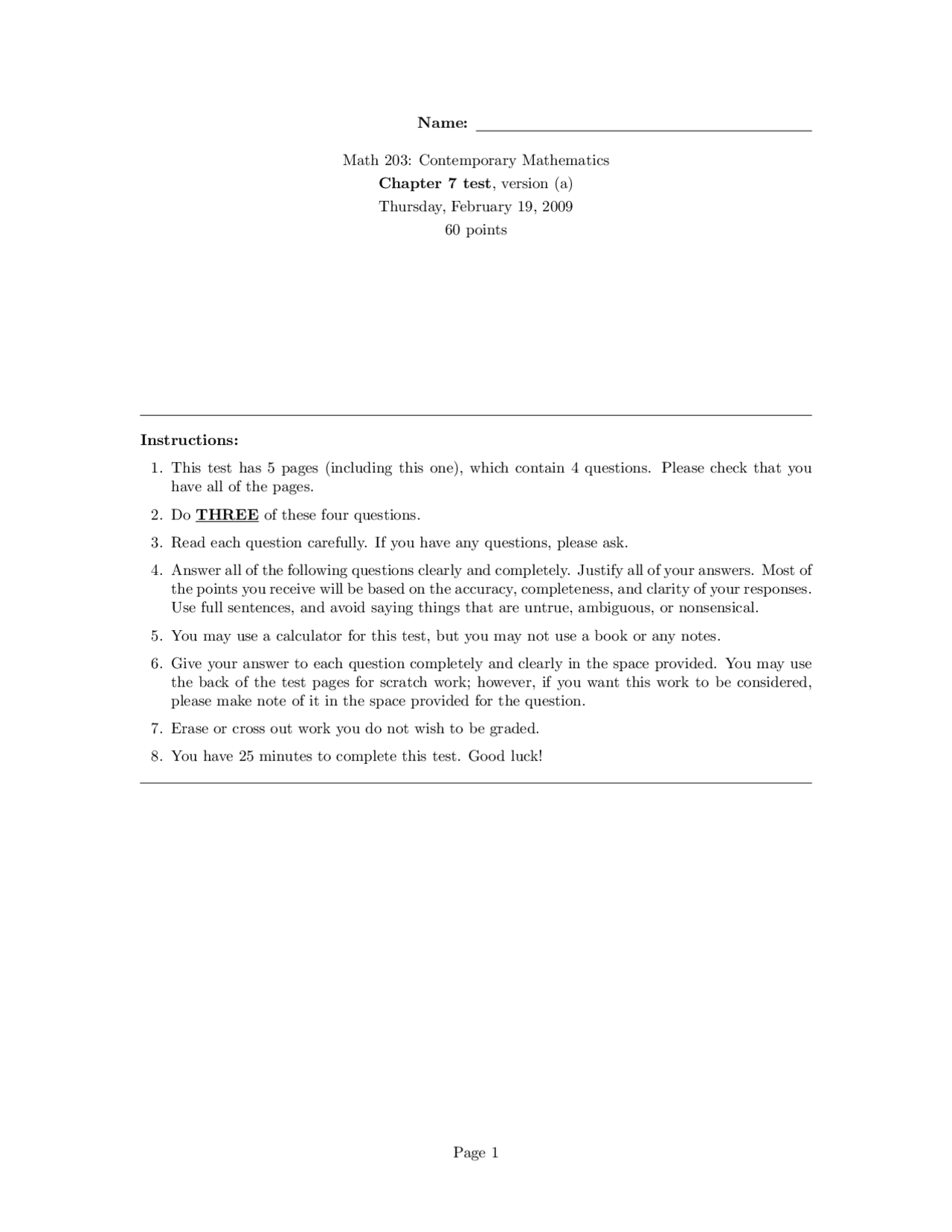 Practice Test 7 With 4 Questions On Contemporary Mathematics Math 203