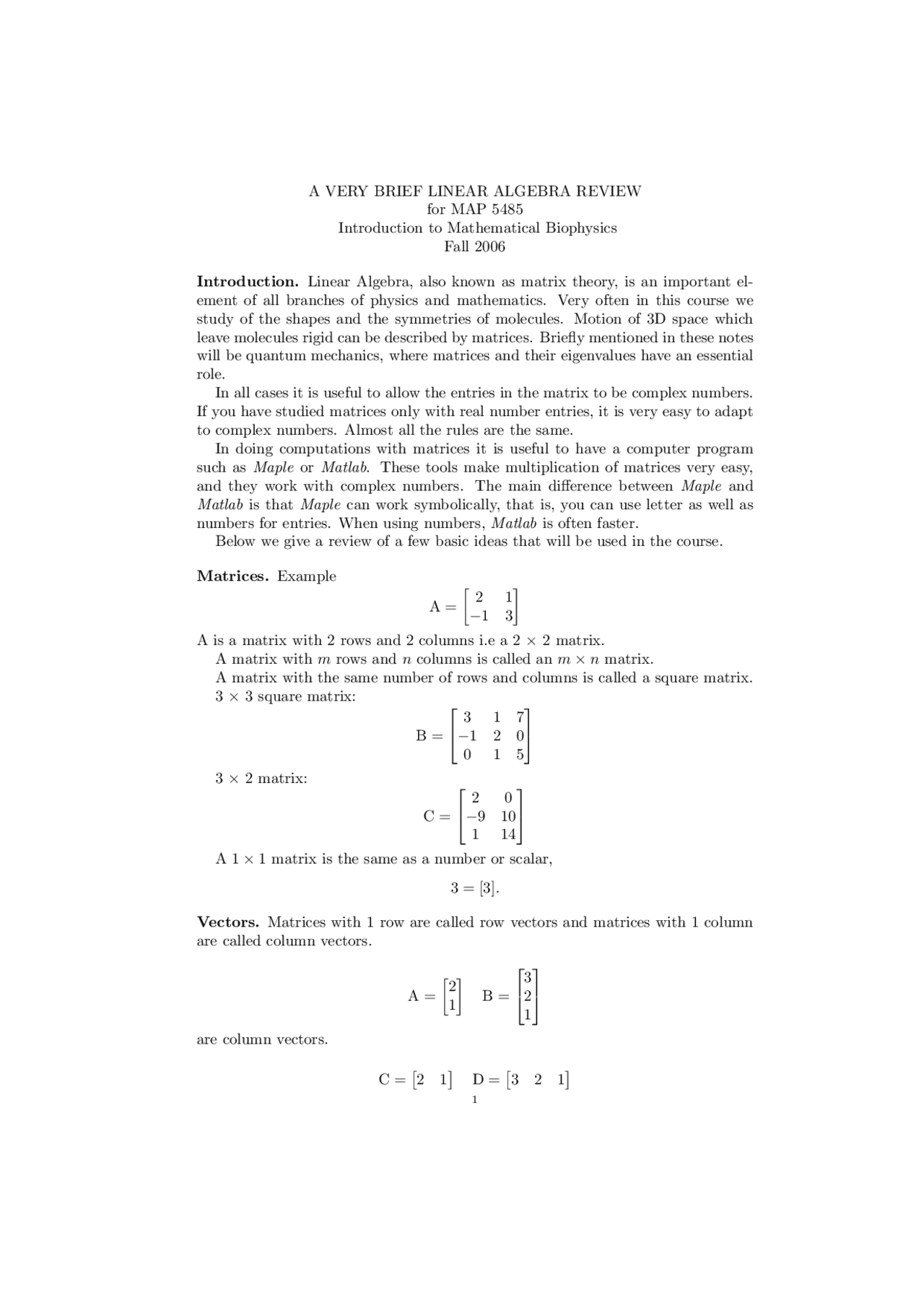 A Very Brief Linear Algebra Review Mathematical Biophysics Map 5485