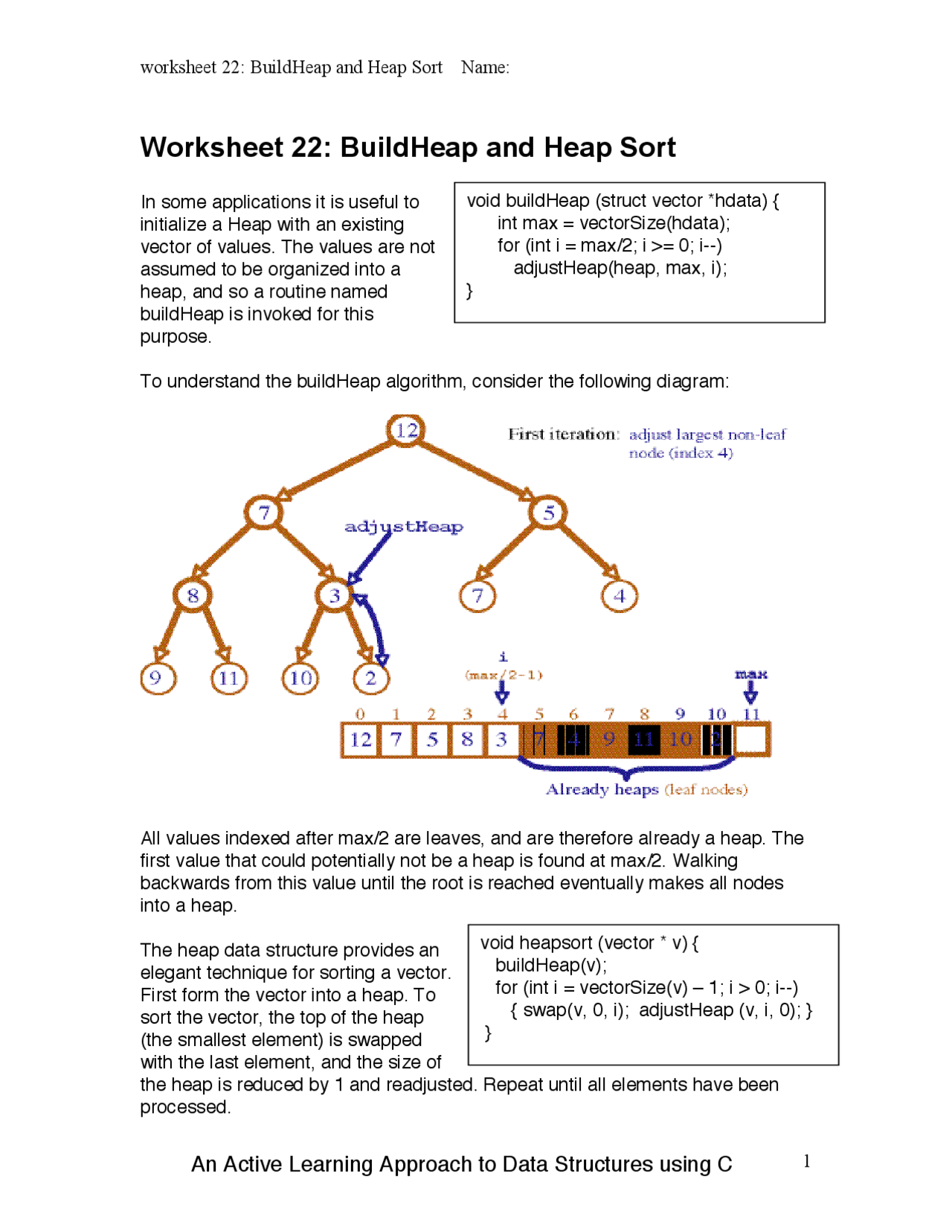 Build Heap and Heap Sort - Data Structures - Worksheet 22 | CS 261 ...
