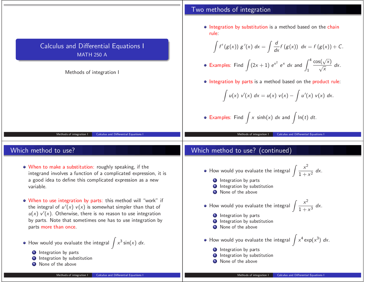 Methods of Integration I - Lecture Slides | MATH 250A - Docsity