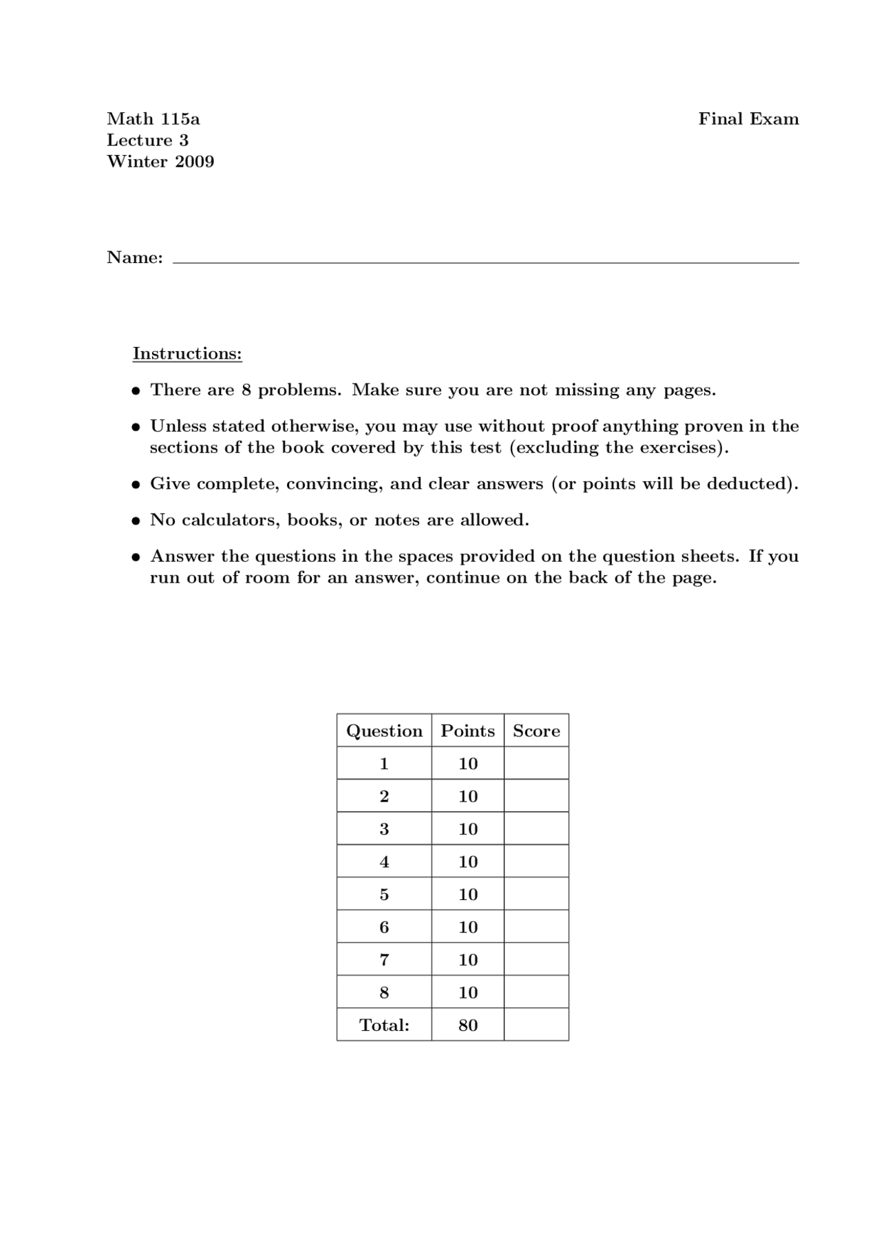 Final Exam Linear Algebra Winter 2009 Math 115a Docsity