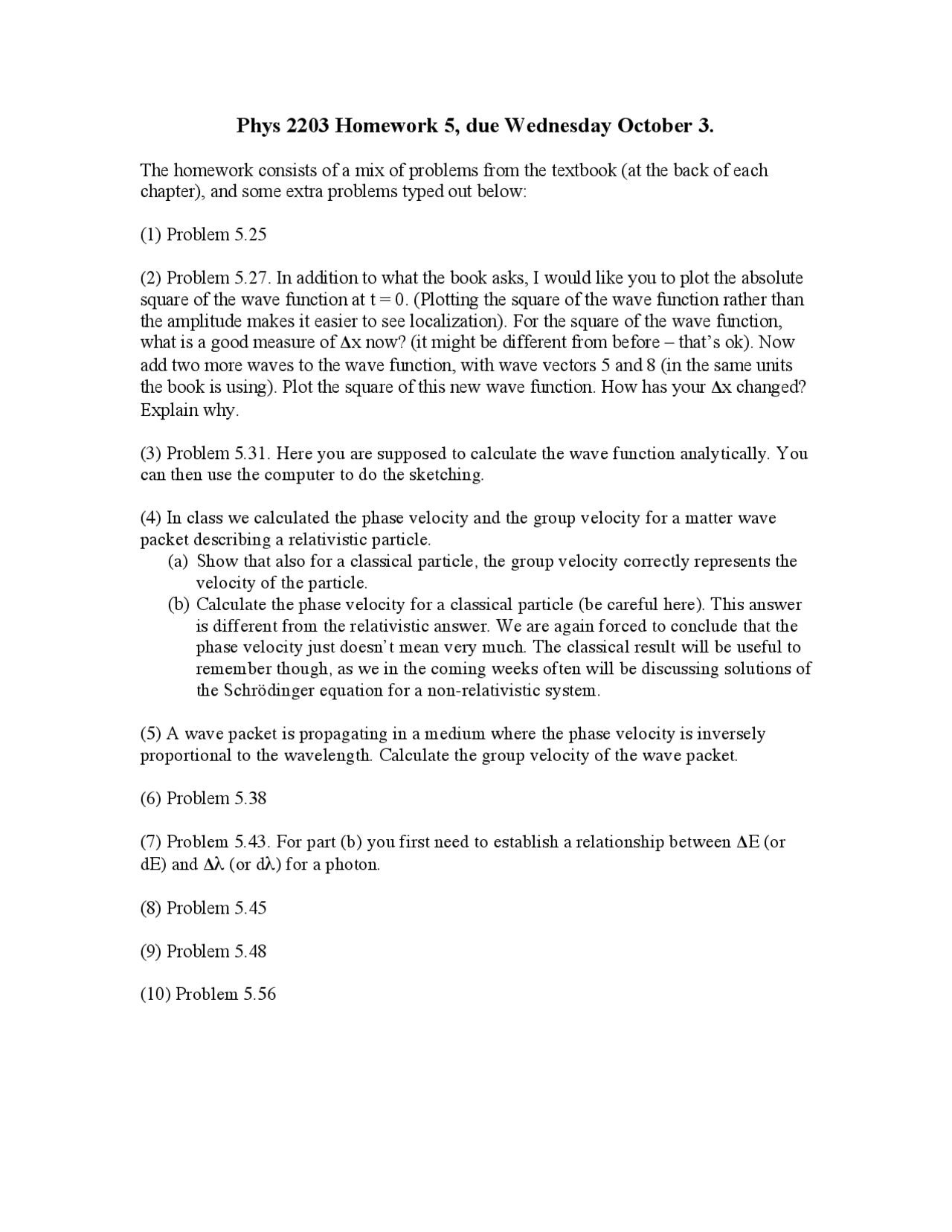 Problem Set 5 Introduction Modern Physics Phys 2203 Docsity