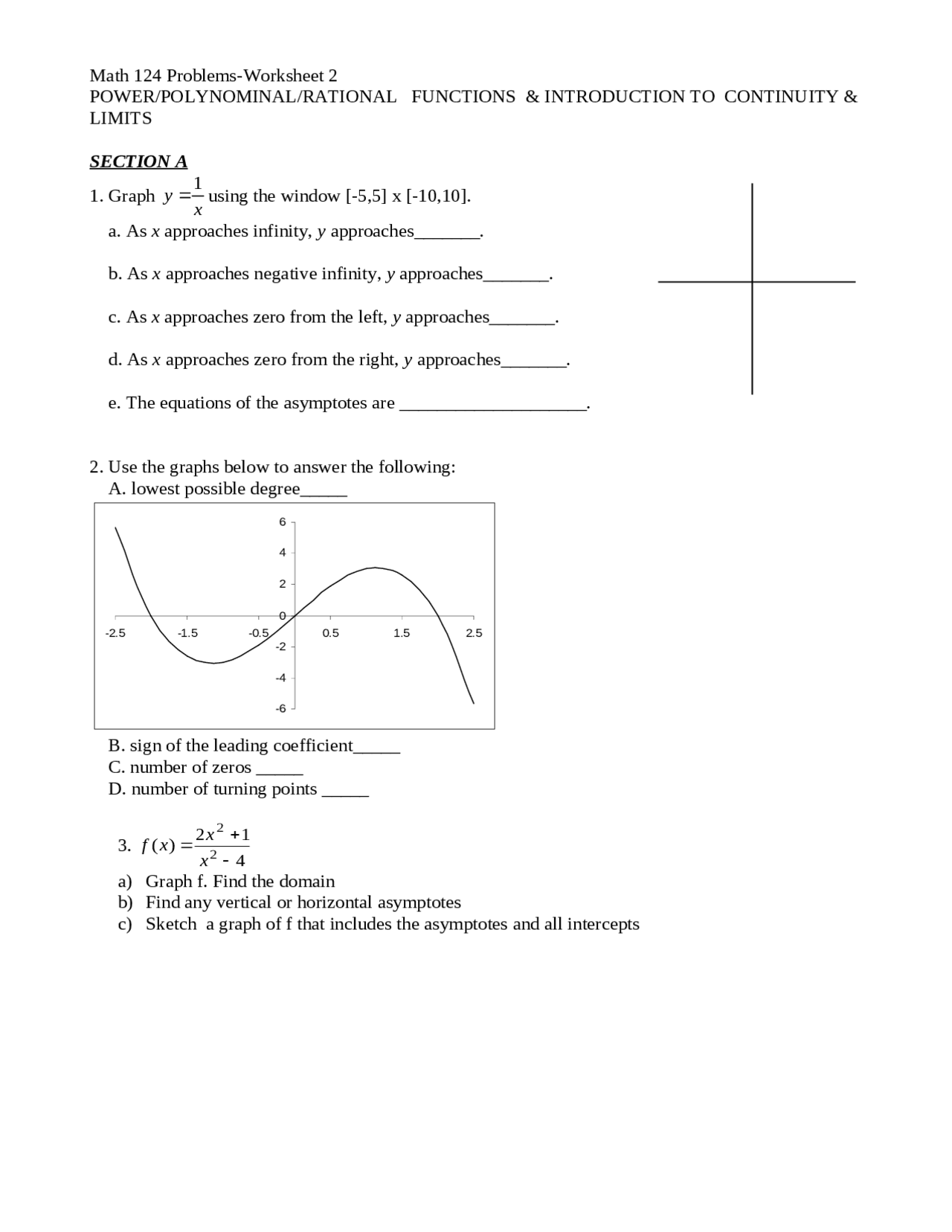 Rational Functions, Introduction to Continuity and Limits - Worksheet #2 | MATH 124 - Docsity