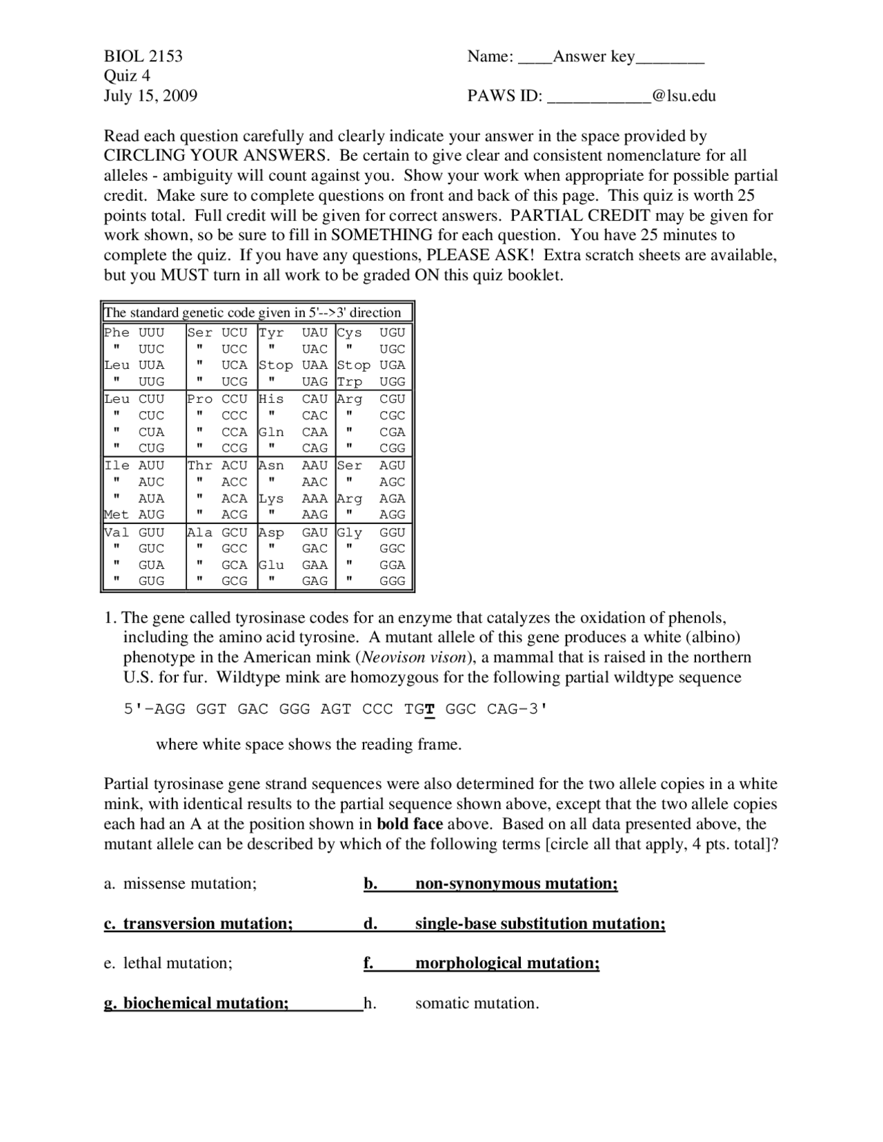 Quiz 6 Answer Key Principles Of Genetics Biol 2153 Docsity