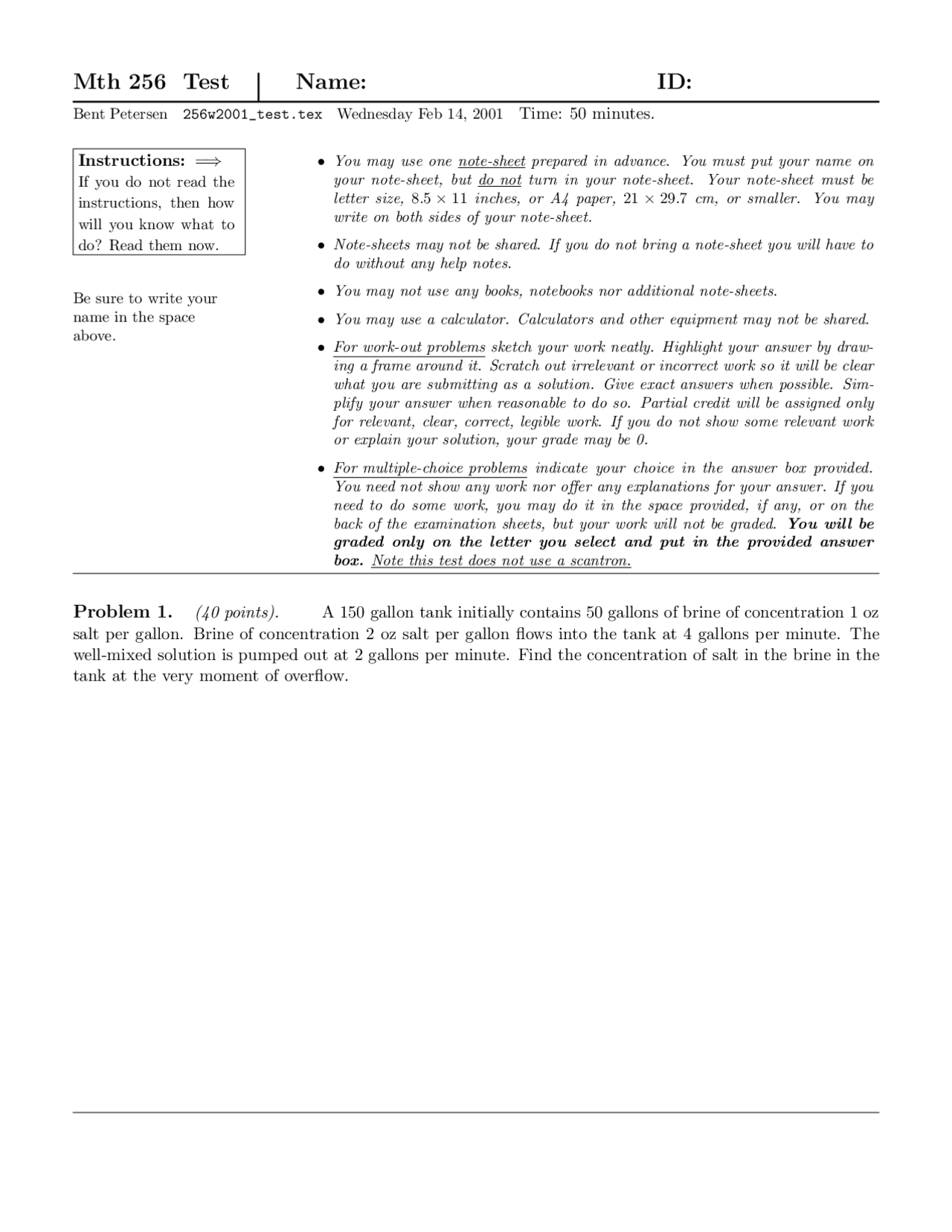 Test Problems Unsolved Applied Differential Equations Mth 256 Docsity