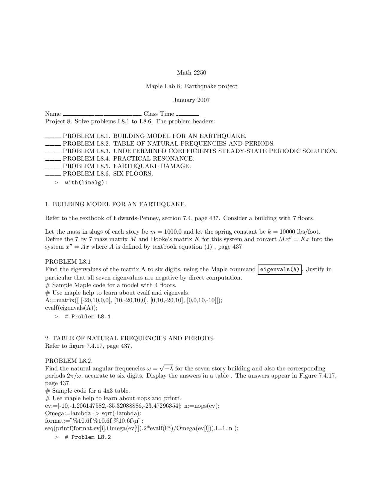 Math 2250: Earthquake Project - Lab 8 | Lab Reports Mathematics | Docsity