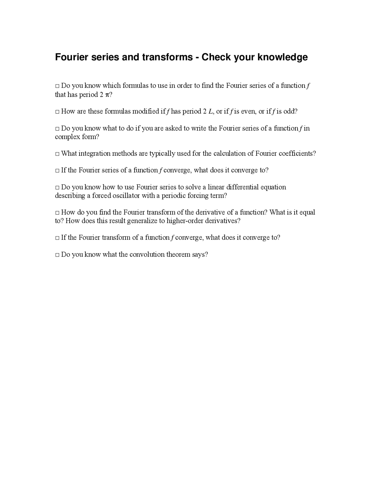 Fourier Series And Transforms Practice Problems Set Math 322 Docsity