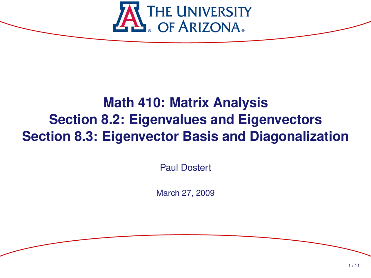 Eigenvalues And Eigenvectors Matrix Analysis Lecture Notes Math