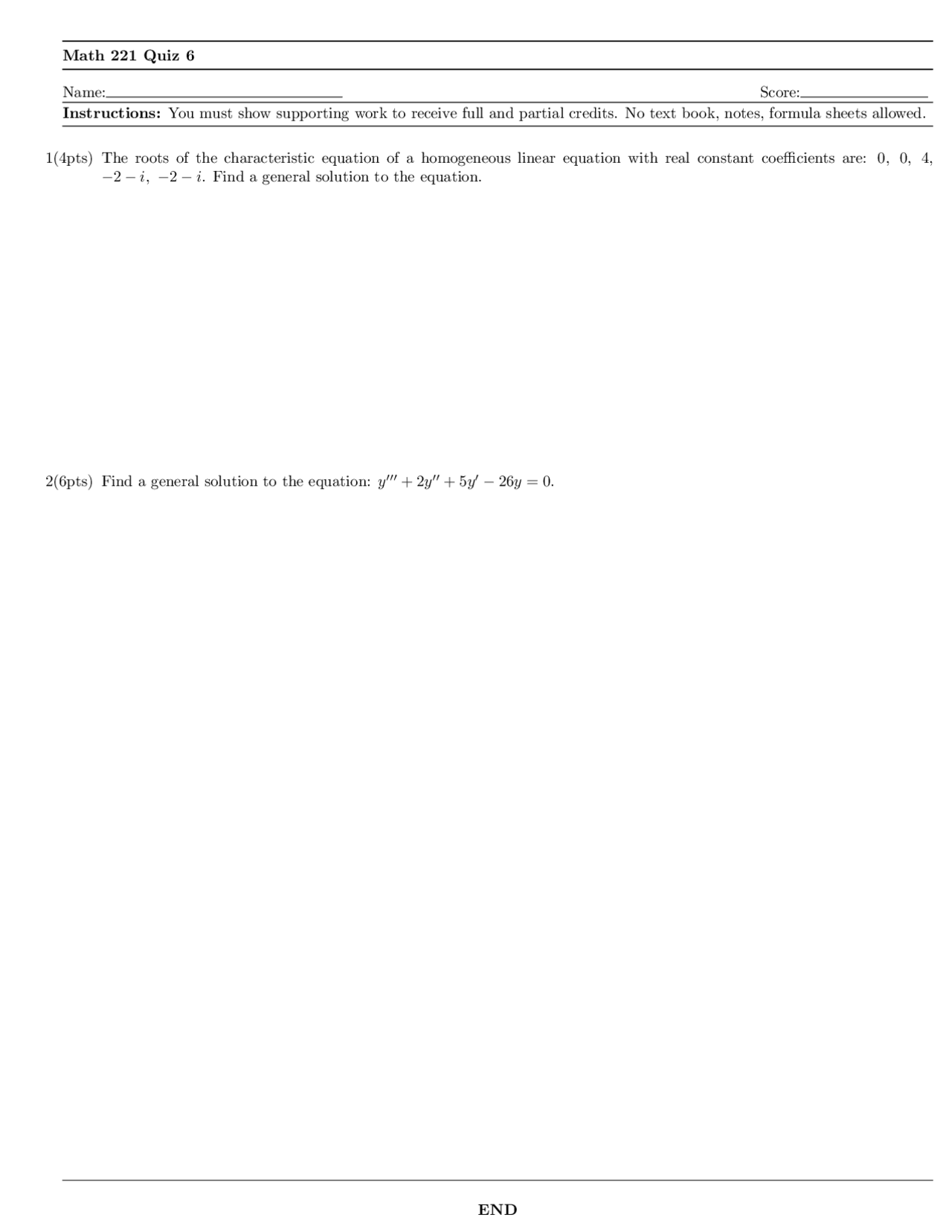 Quiz 6 For Differential Equations Math 221 Docsity