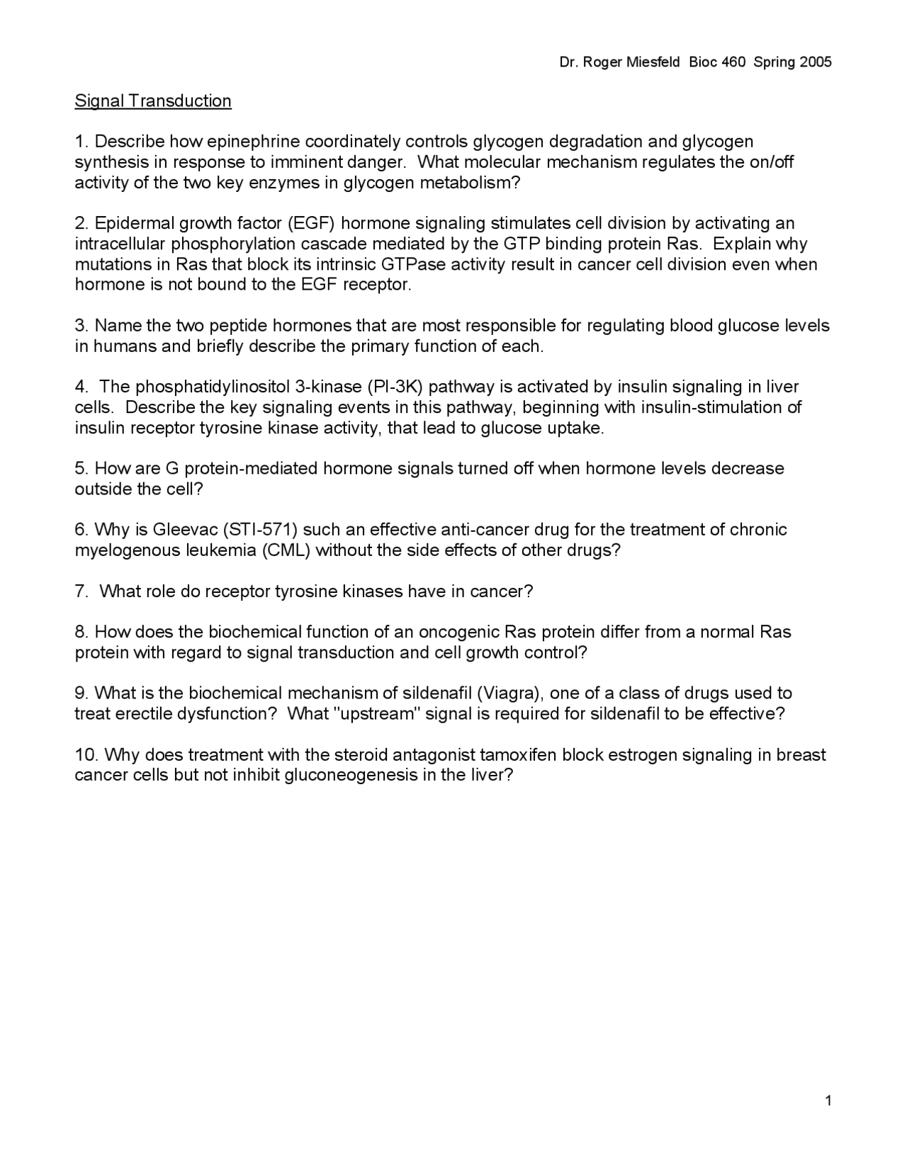 Notes On Signal Transduction Spring 2005 Bioc 460 Docsity