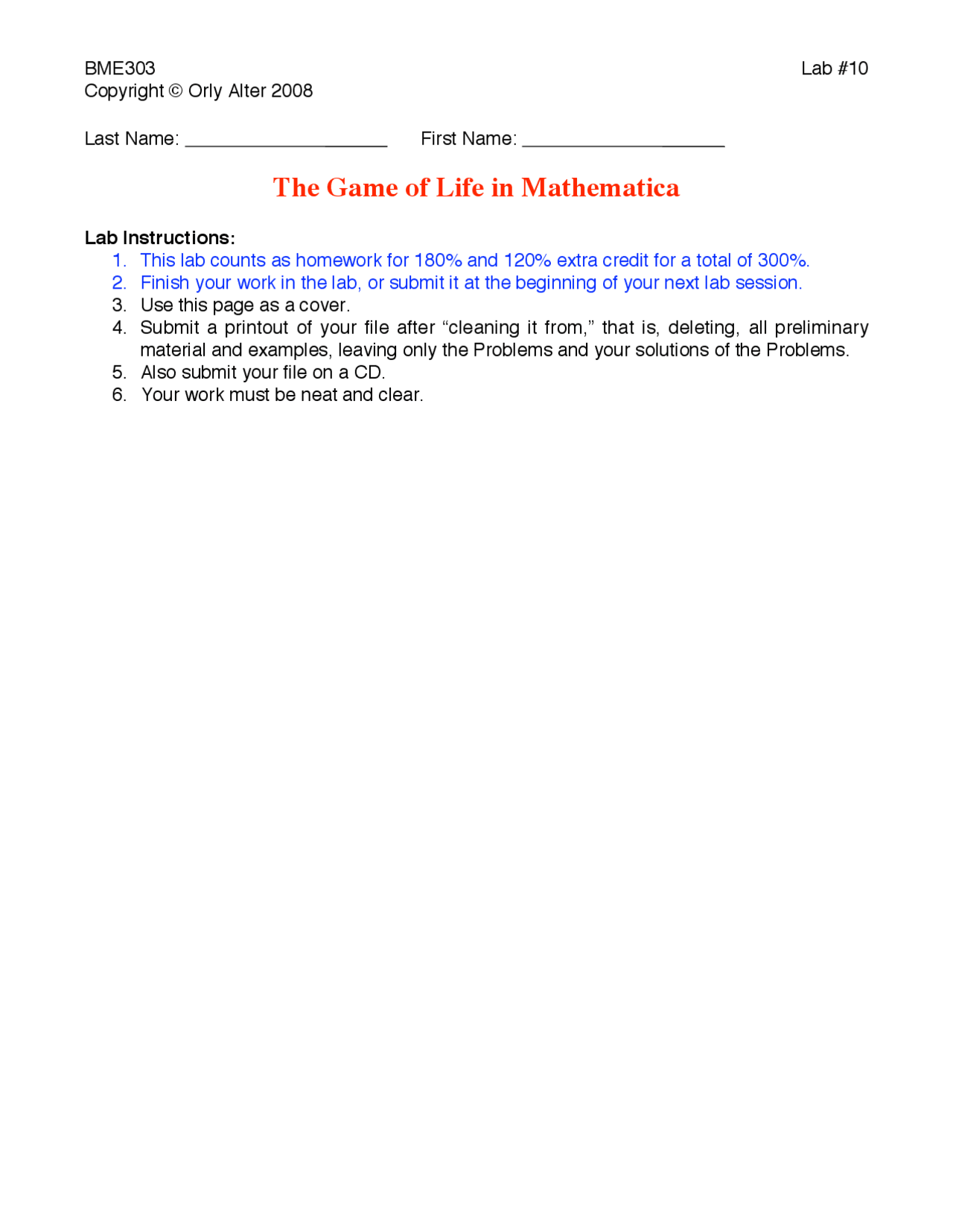 The Game of Life in Mathematica - Lab 10 | BME 303 - Docsity