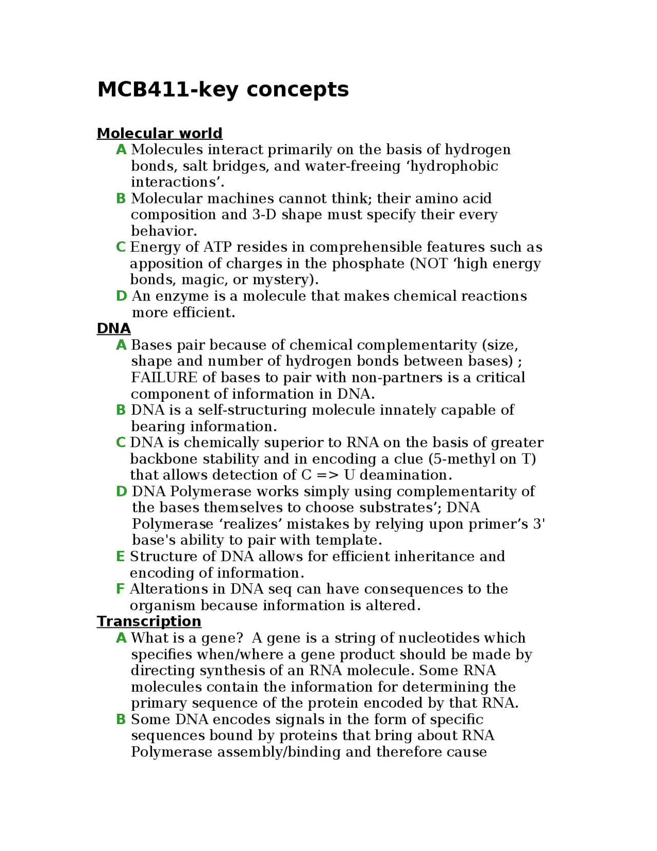 Molecular Biology - Lecture Notes of Molecular World | MCB 411 - Docsity