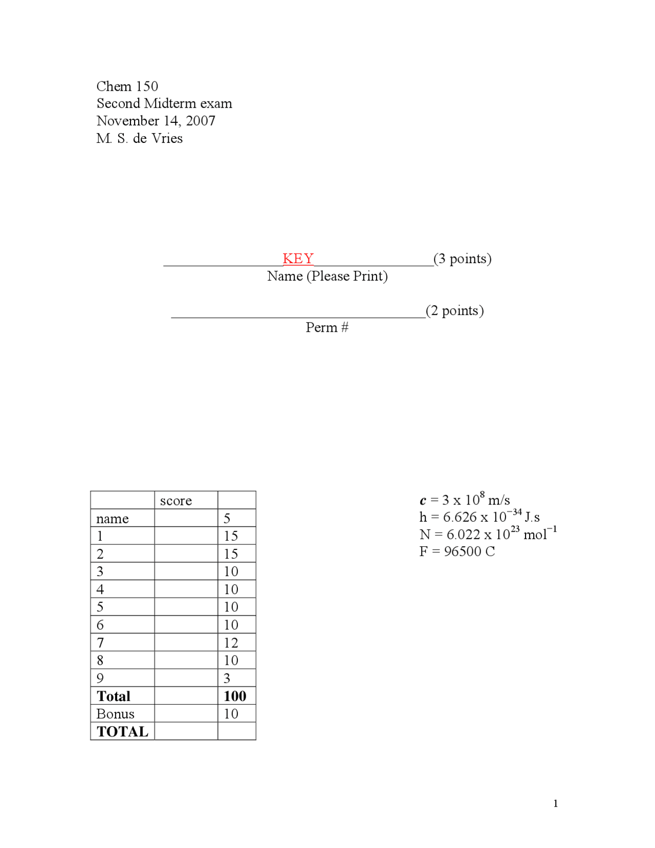 Midterm Exam 2 With Answer Key Analytical Chemistry Chem 150
