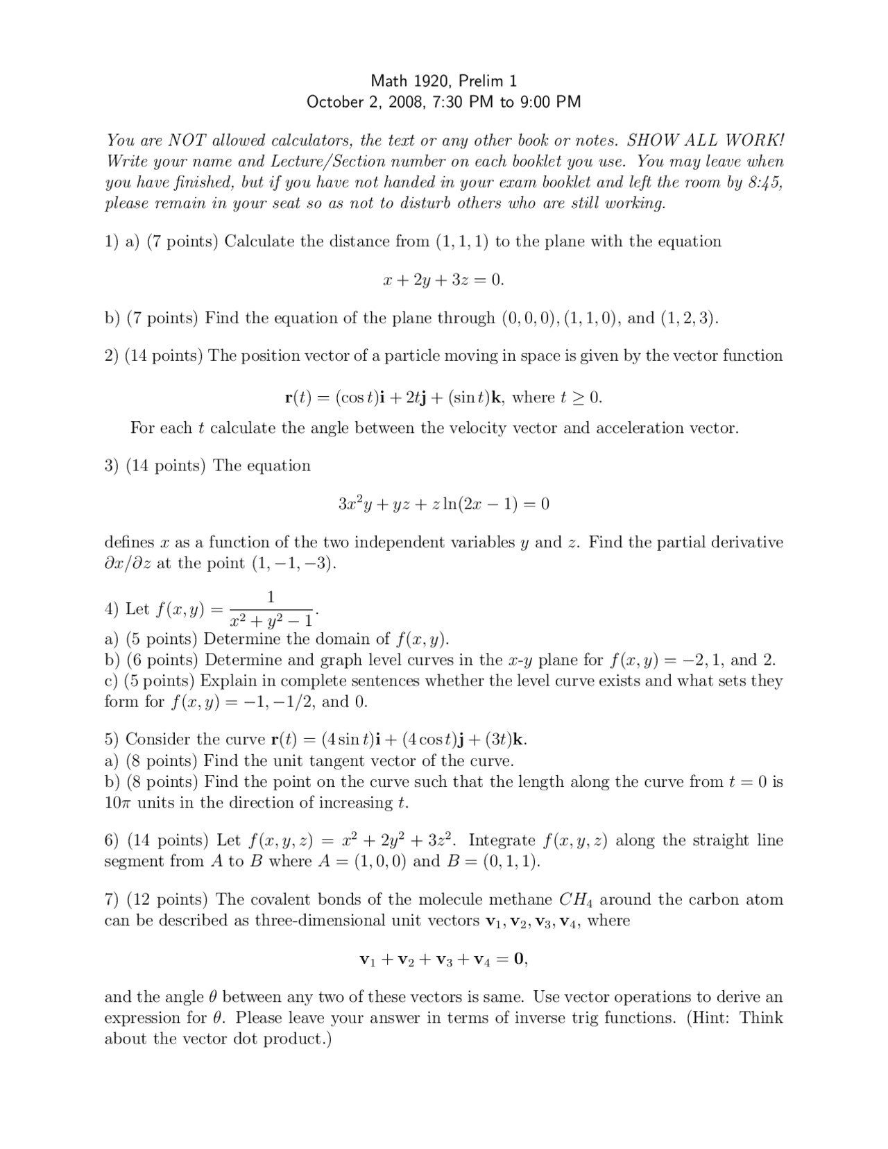 7 Questions For Old Exam 1 Multivariable Calculus Engineers Math