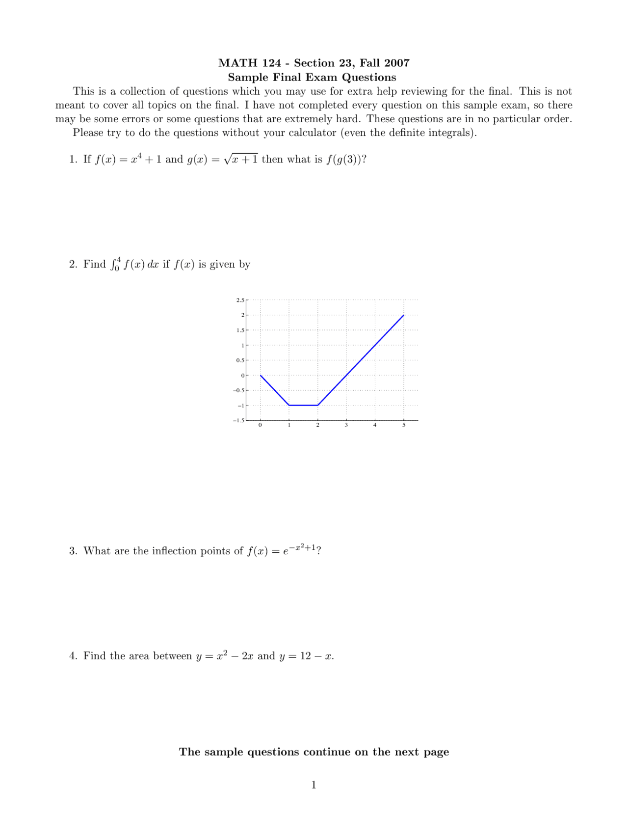 55 Sample Questions On Calculus I Final Examination Math 124 Docsity