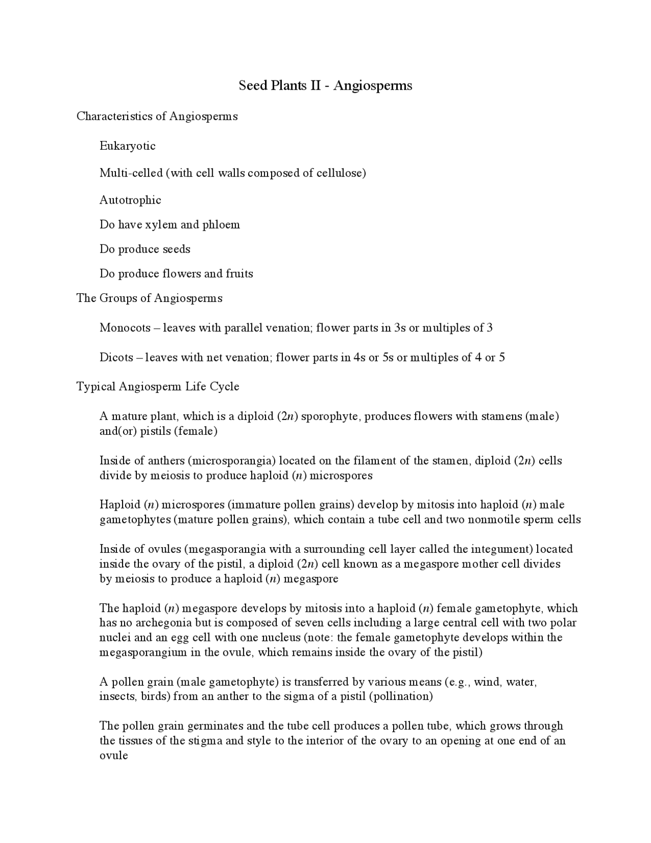 Seed Plants Ii Angiosperms Lecture Notes Bio 406d Docsity