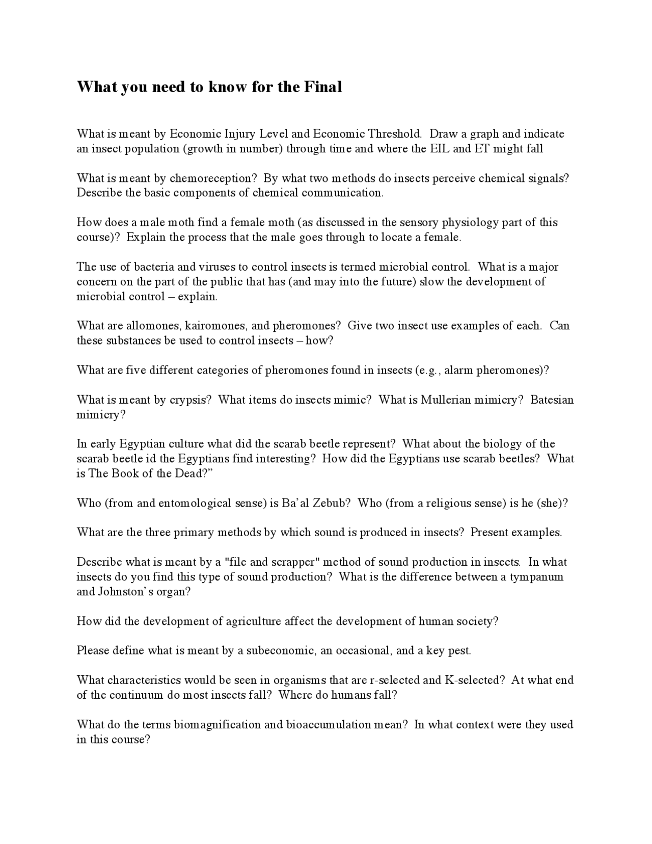 Insects And People Final Questions Review Entom 101 Docsity