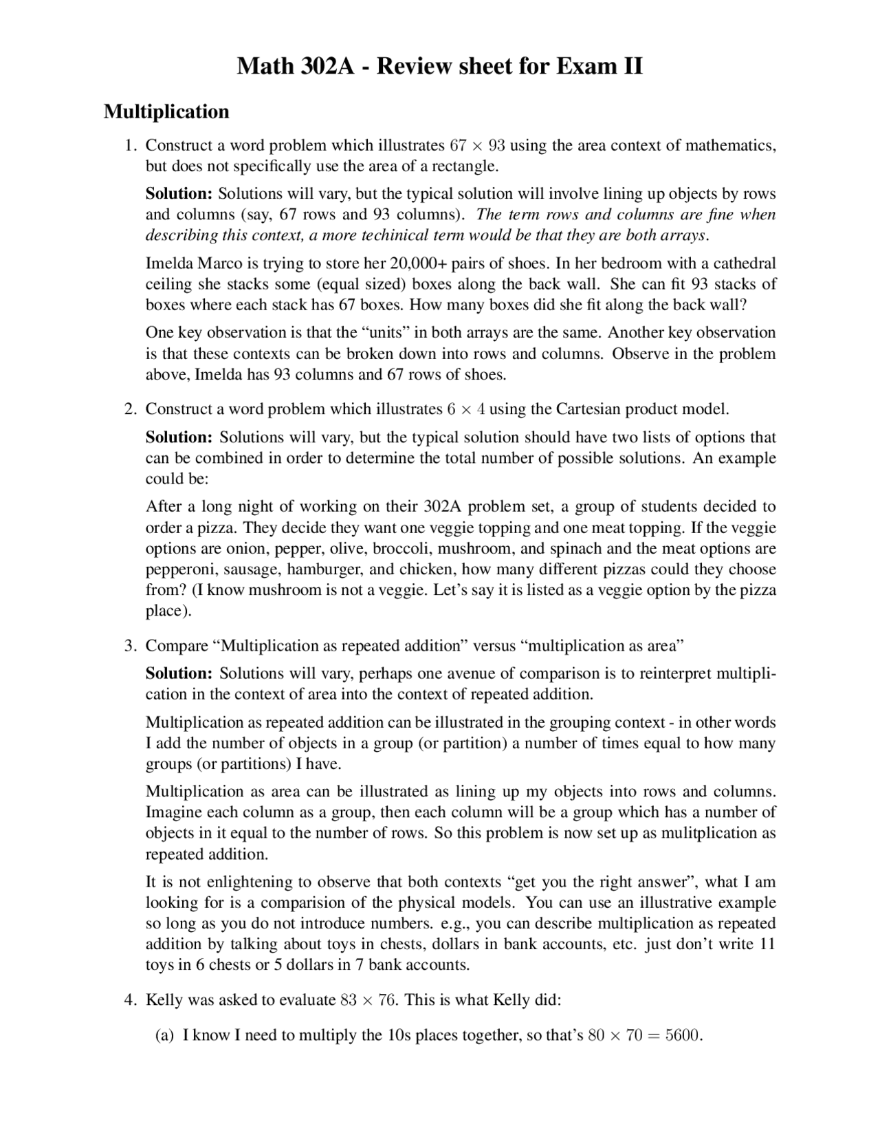 Review Sheet For Exam Ii Understanding Elementary Mathematics Math