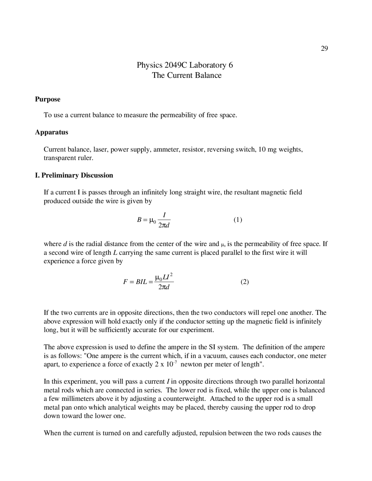 The Current Balance - Laboratory 6 | PHY 2049C - Docsity