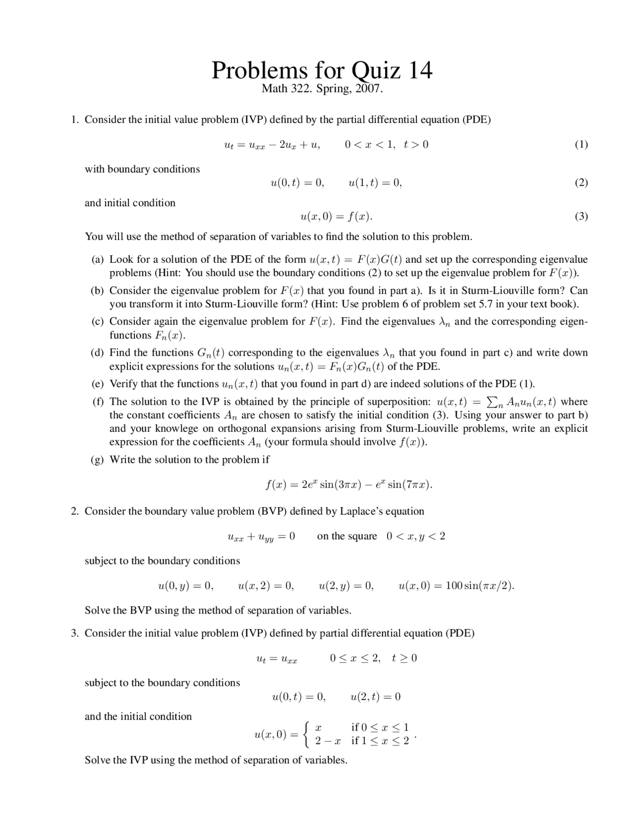 Problems For Quiz 14 On Mathematical Analysis For Engineers Math 322