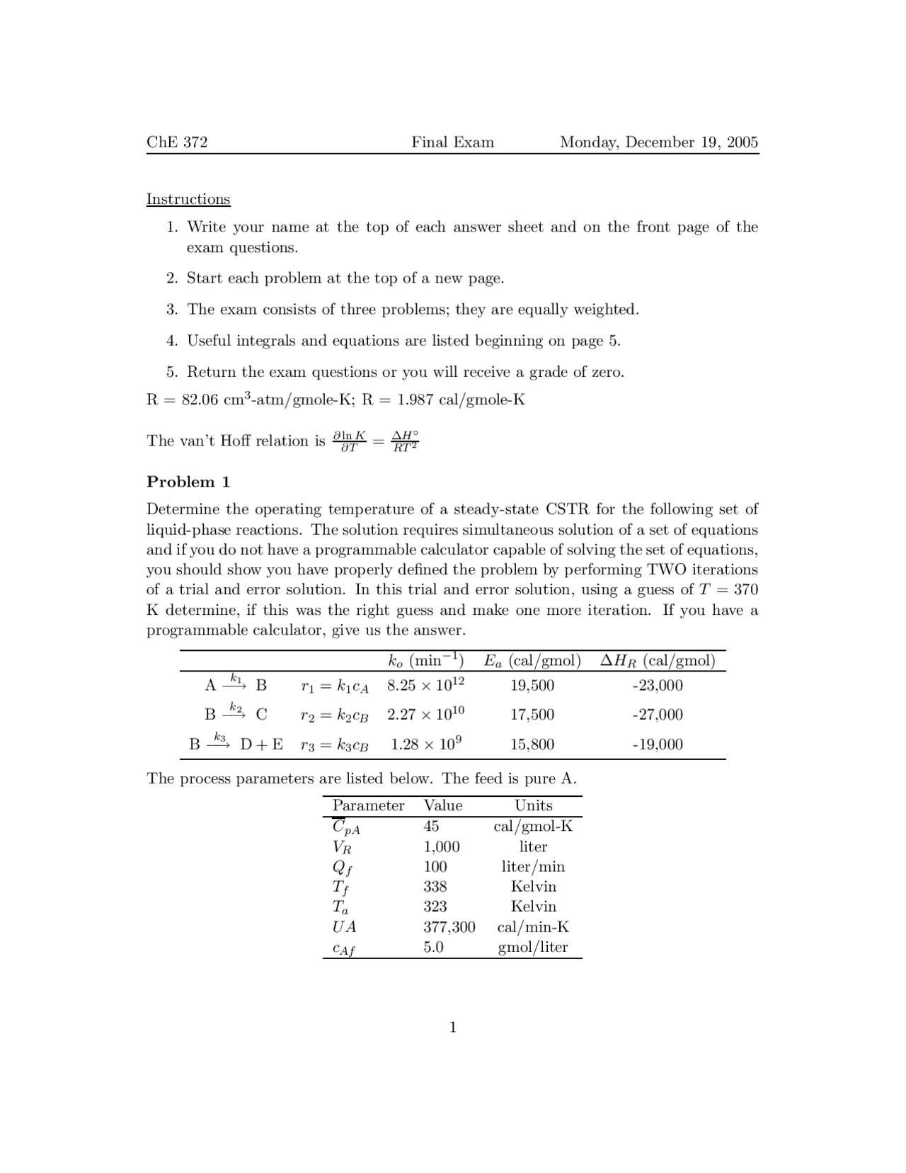 Final Exam With Solution Chemistry Reactor Analysis And Design 2005