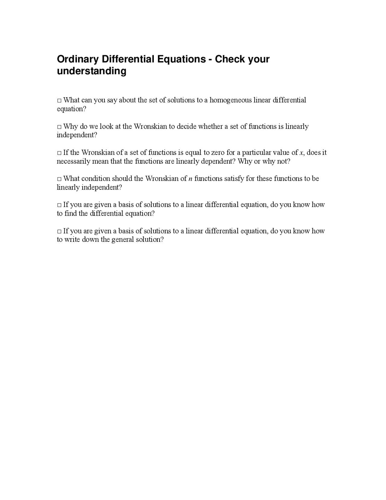 Problems To Check Understandings On Ordinary Differential Equations