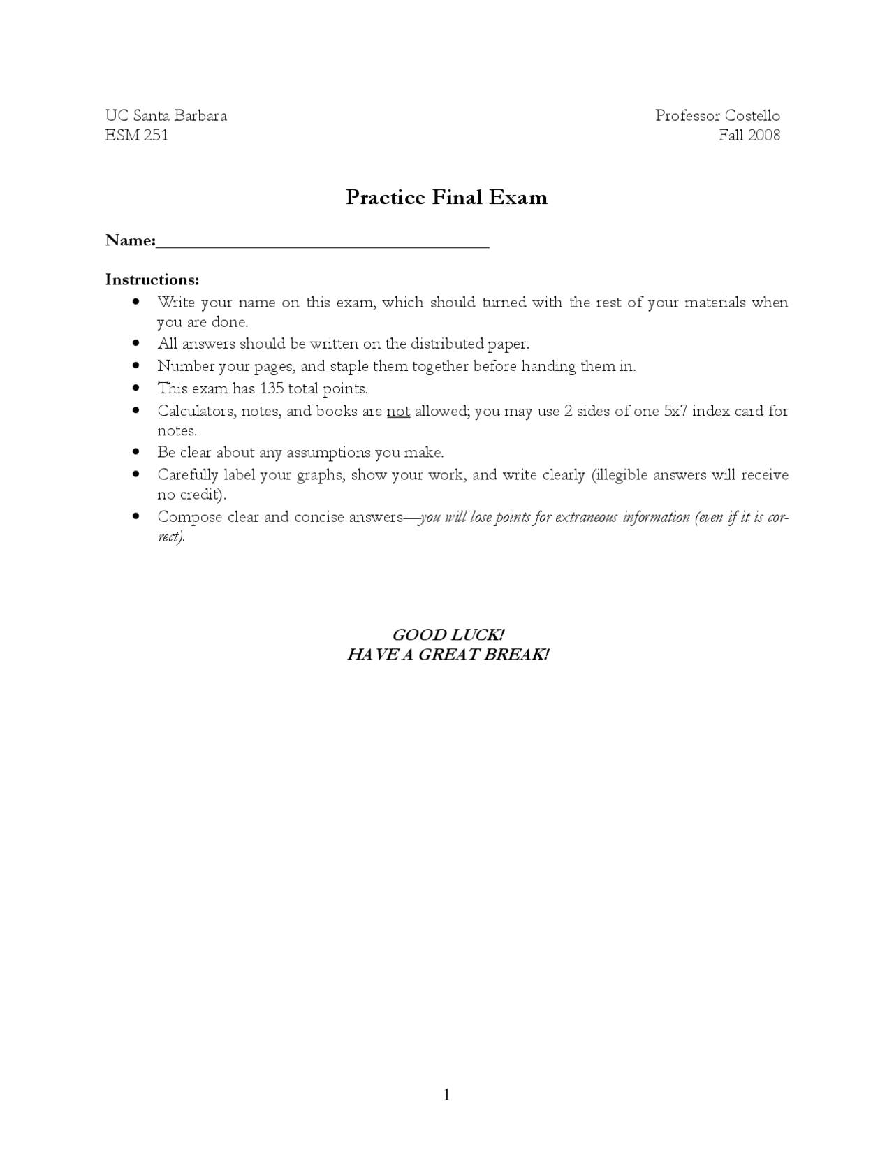 Practice Final Exam of Economics and Environmental Policy Analysis ...