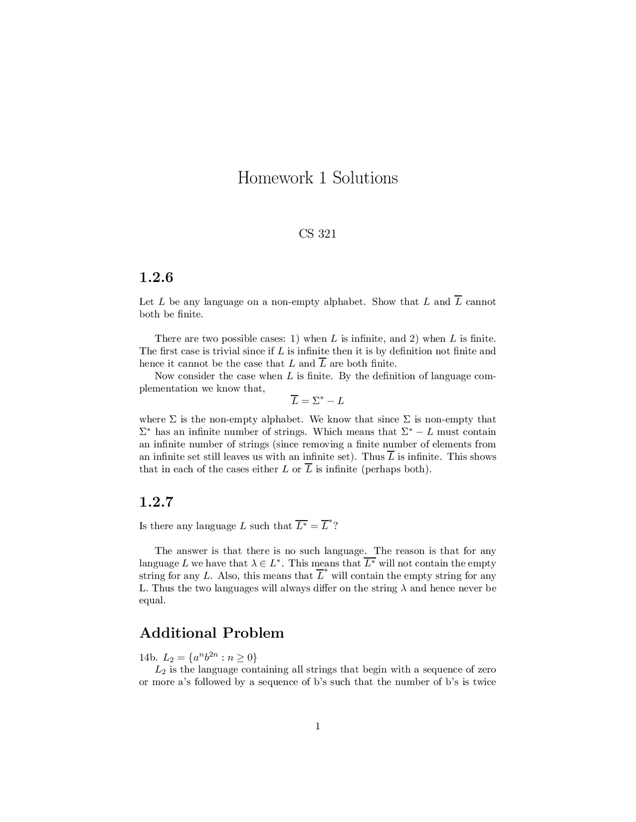 Introduction To Theory Of Computation Homework I Answers Cs 321
