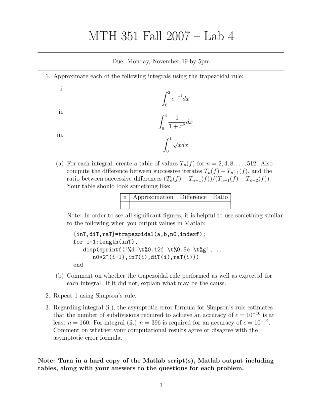 Laboratory 4 Introduction To Numerical Analysis Mth 351 Docsity