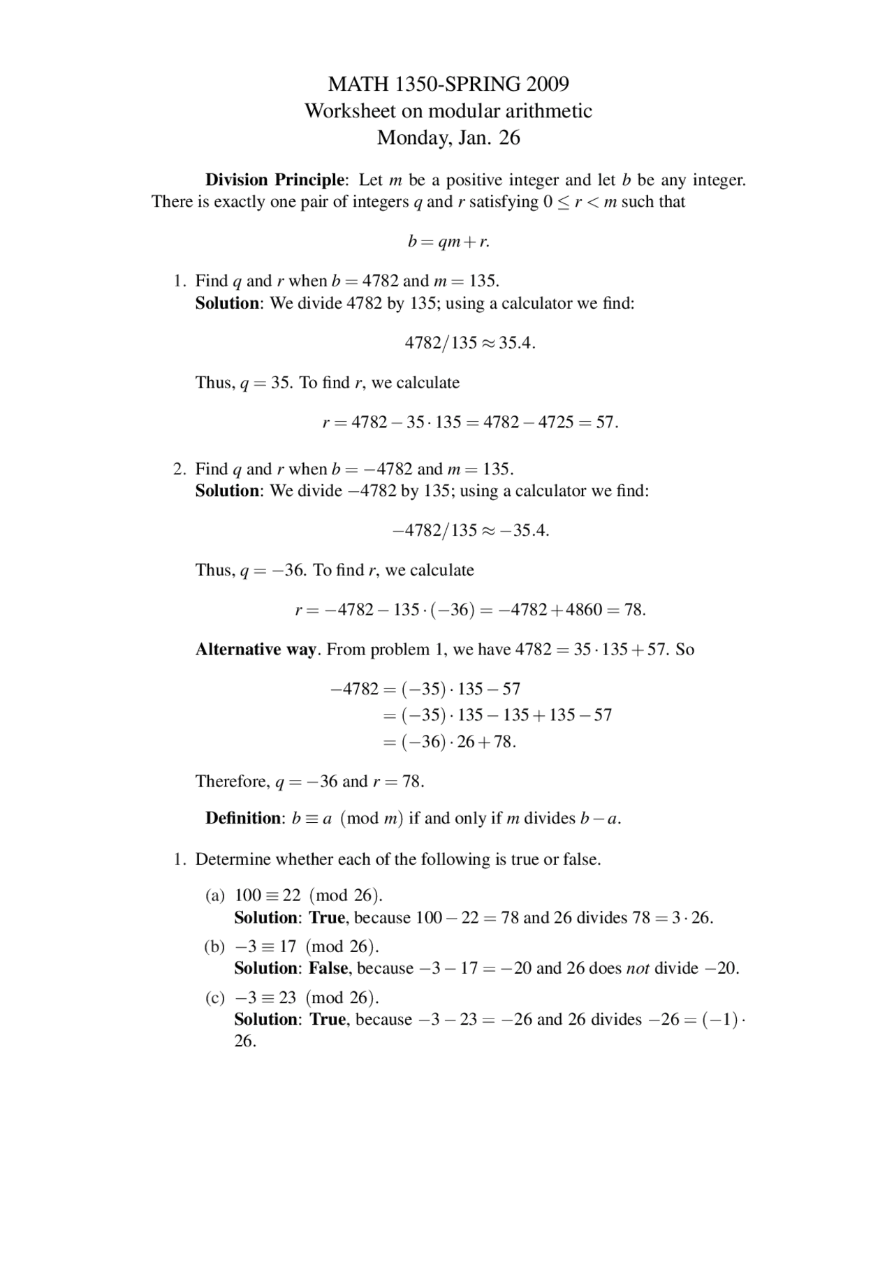 Questions With Solutions On Modular Arithmetic Math 1350 Docsity