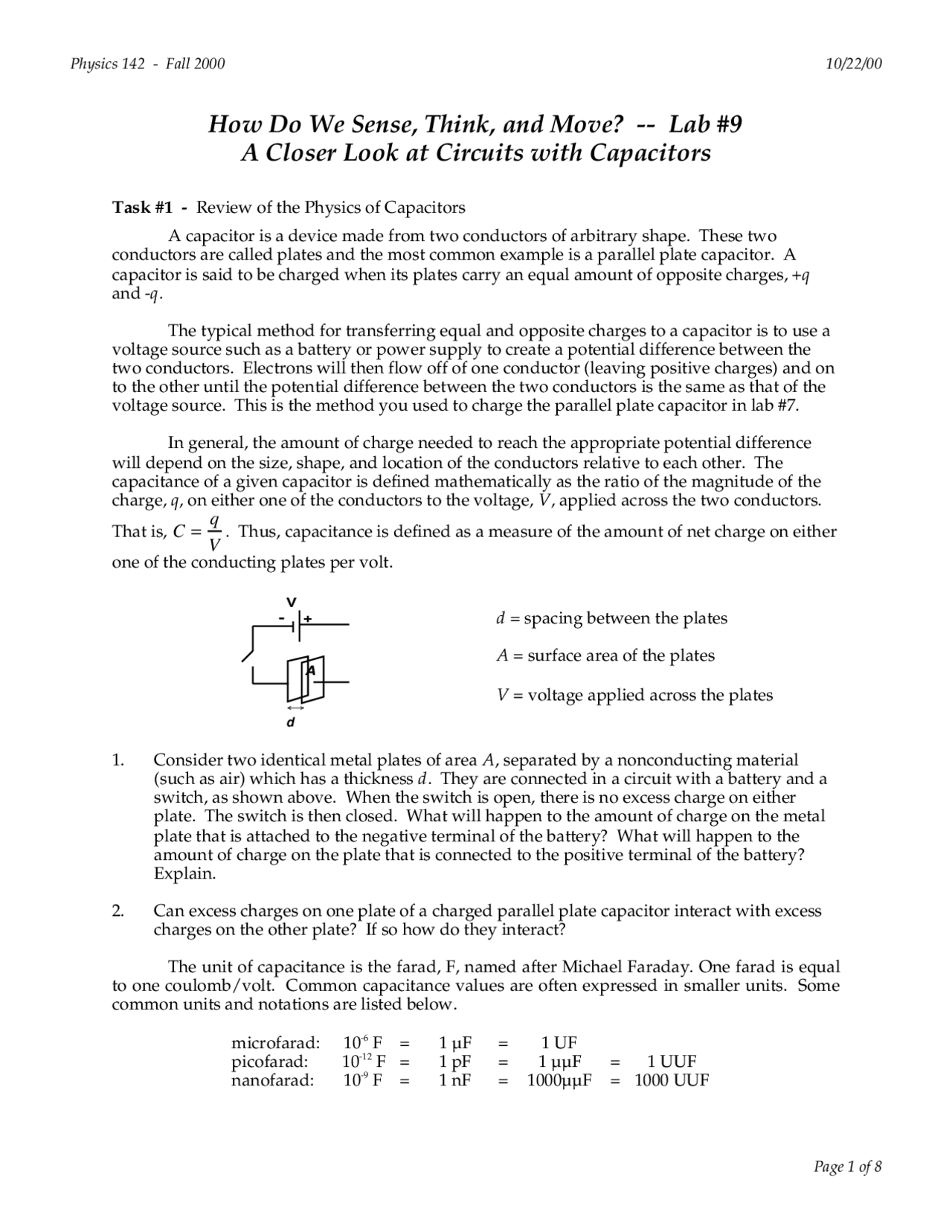 A Closer Look At Circuits With Capacitors Lab 9 Experiment Phys 142