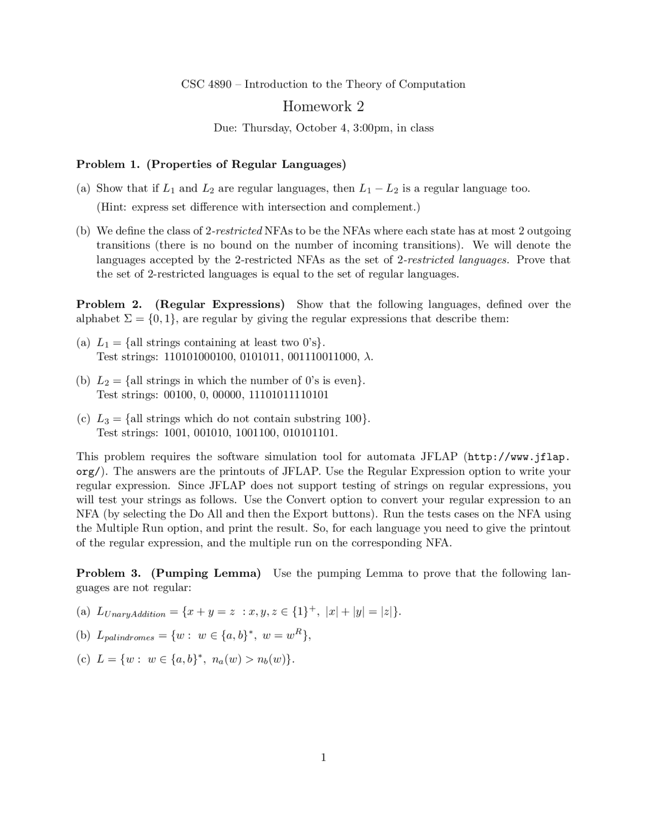 Homework 2 Introduction To Theory Of Computation Csc 4890 Docsity 7839