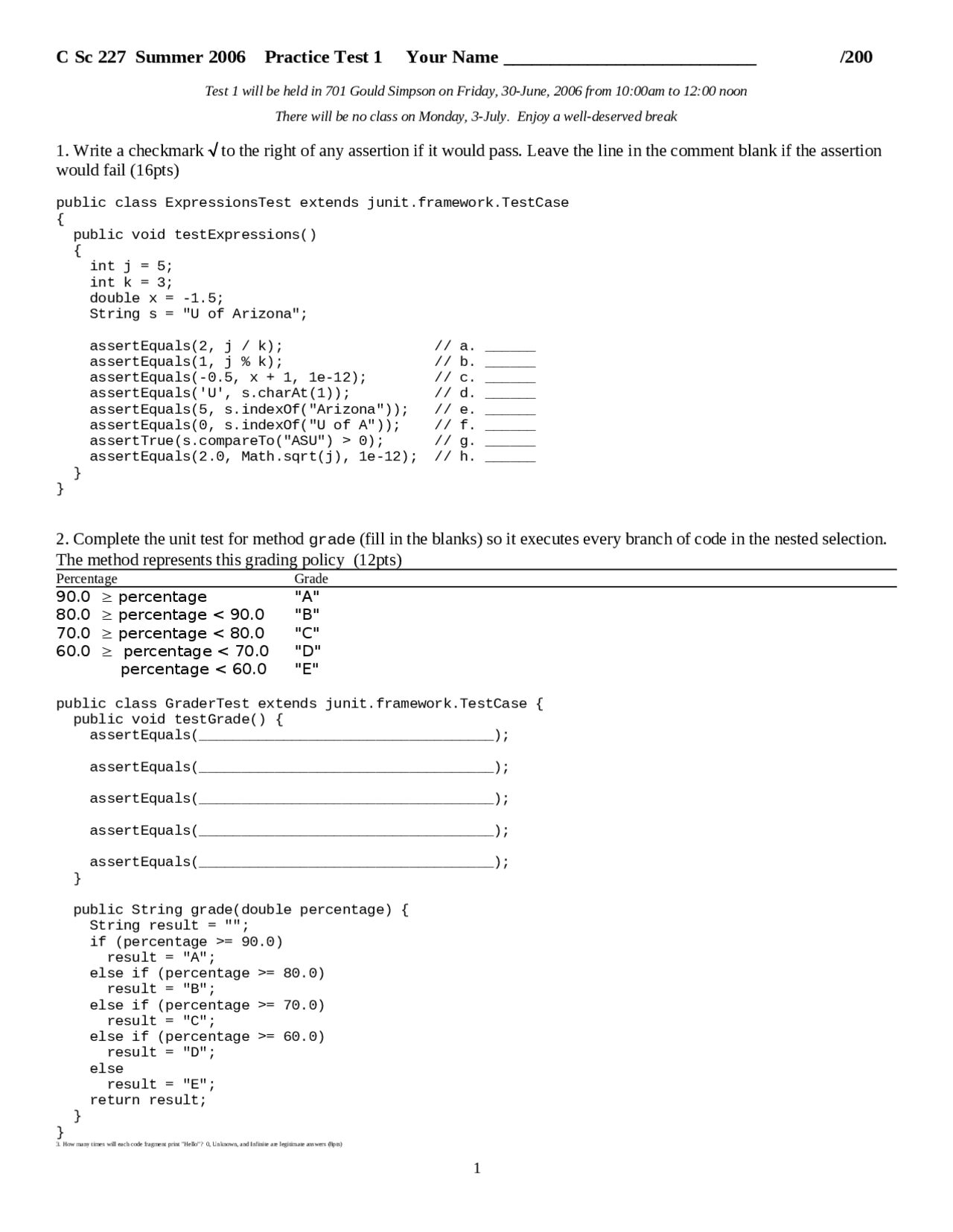 Practice Test 1 With Answers Full Course Title Program Design C Sc 227 Docsity