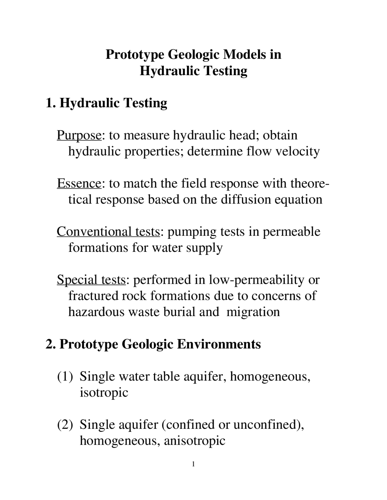 Prototype Geologic Models In Hydraulic Testing Bsyse 595 Docsity