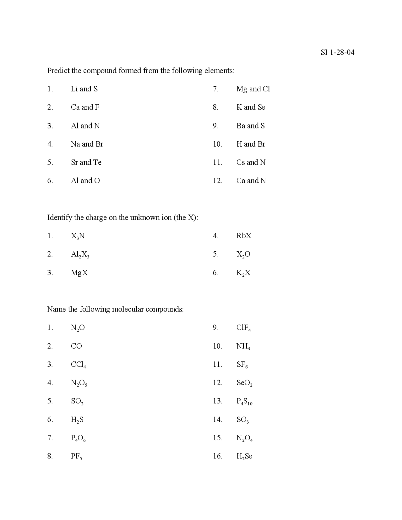 General Chemistry I Unsolved Assignment Che 1101 Docsity