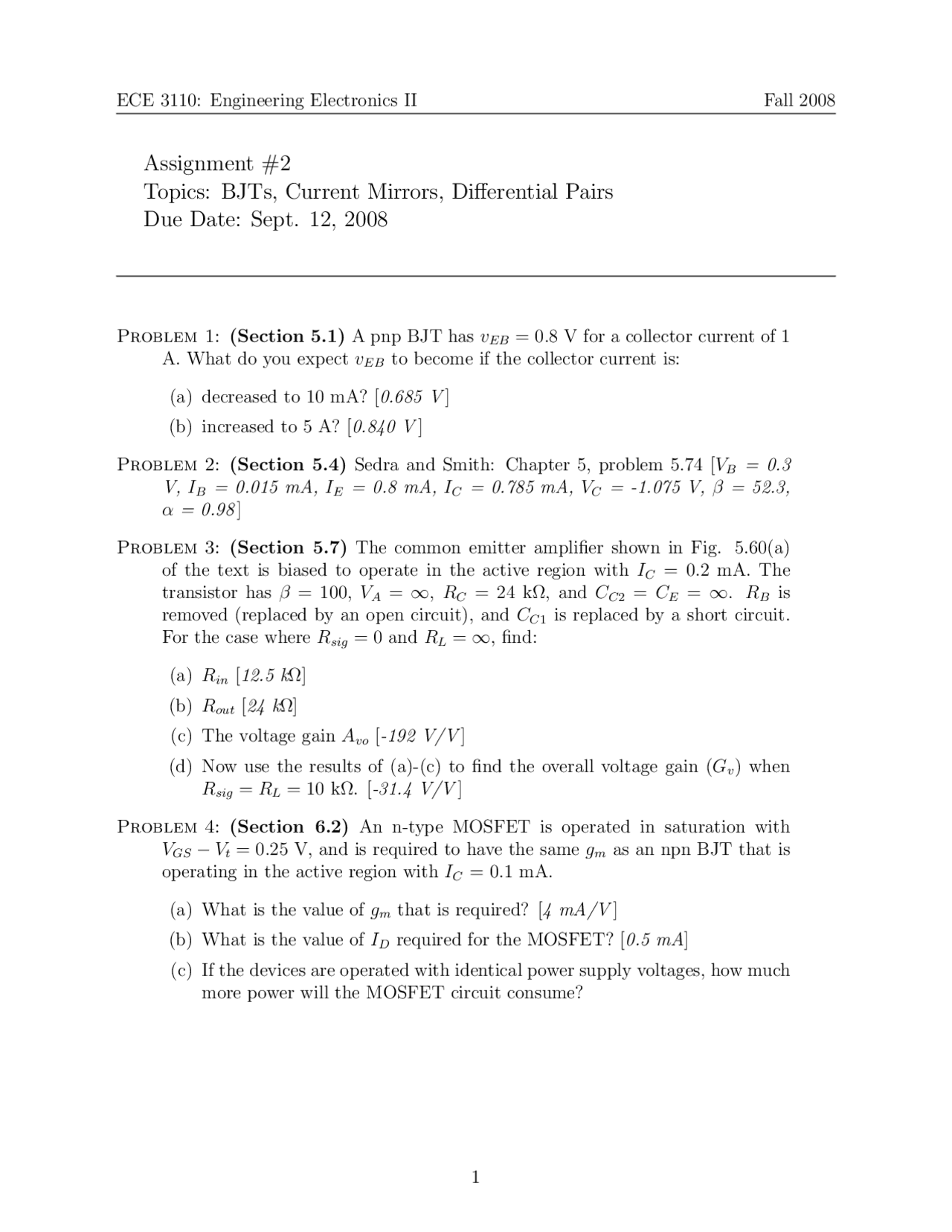 Current Mirrors And Differential Pairs Assignment 2 Ece 3110 Docsity