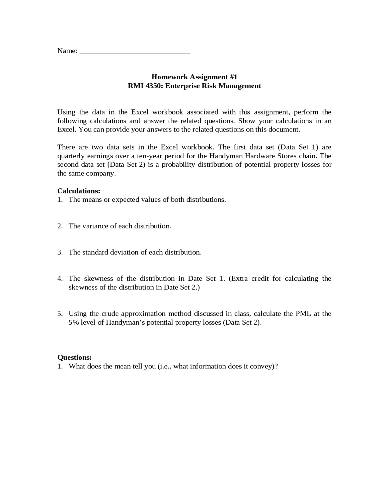 Assignment 1 Questions For Enterprise Risk Management Rmi 4350 Docsity