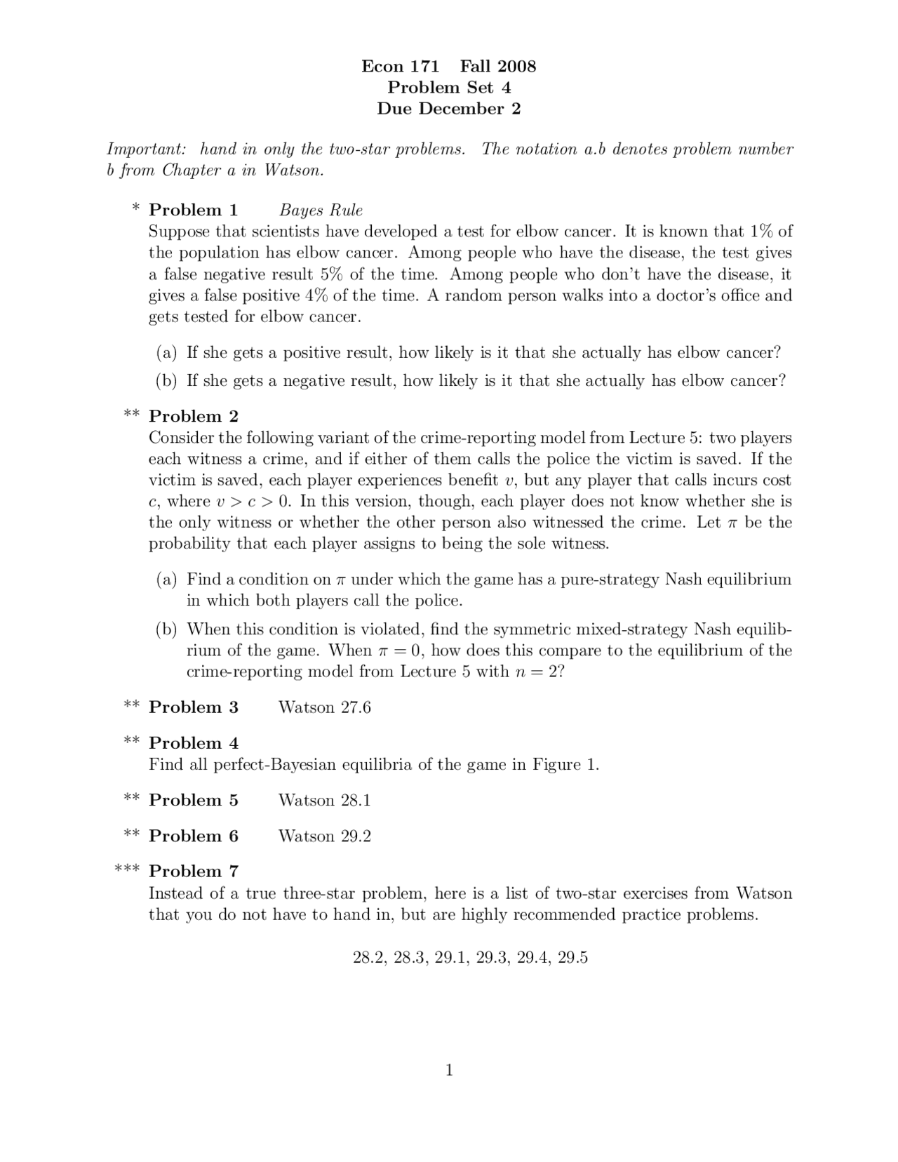 Problem Set 5 Introduction To Game Theory Econ 171 Docsity