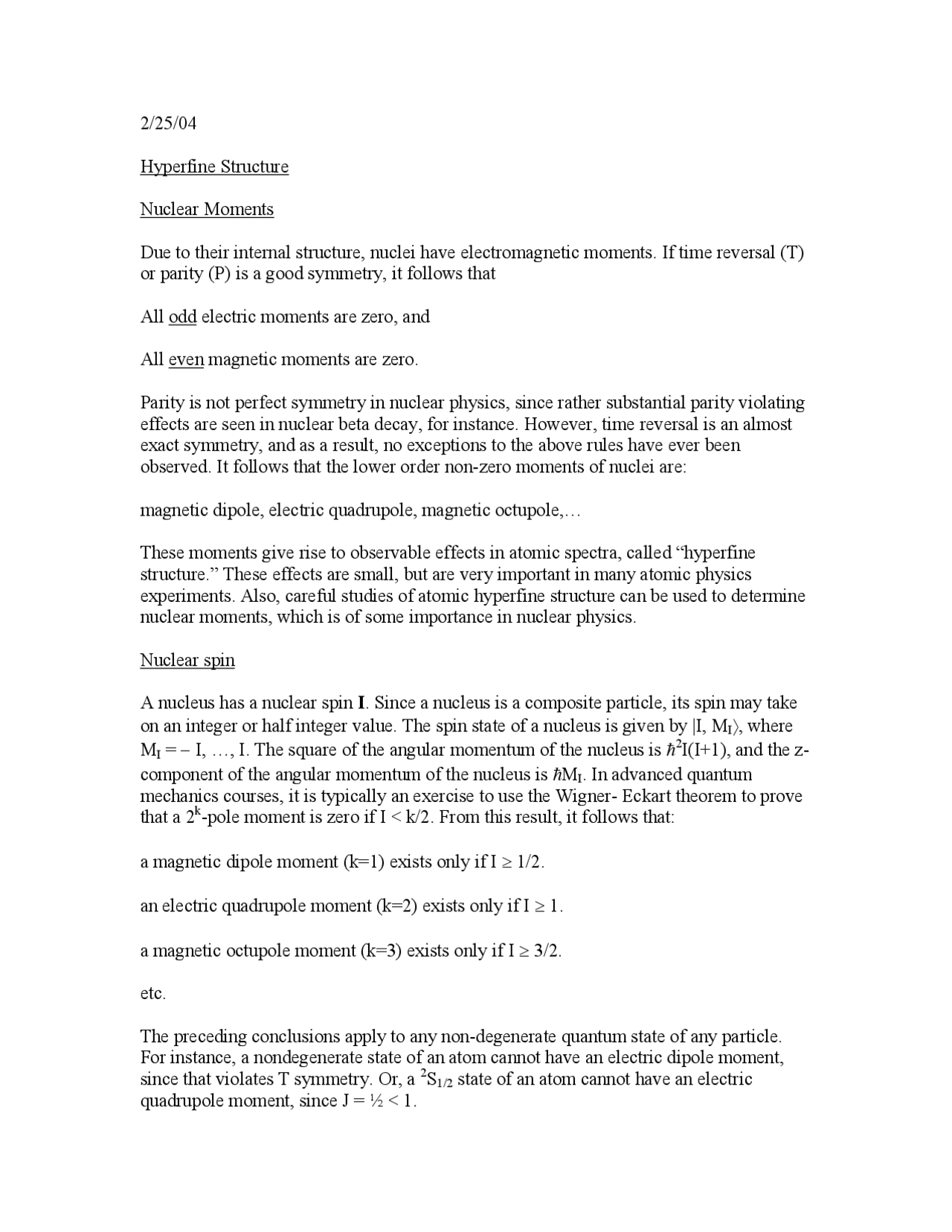 Hyperfine Structure Nuclear Moments Lecture Notes Phy 395m Docsity