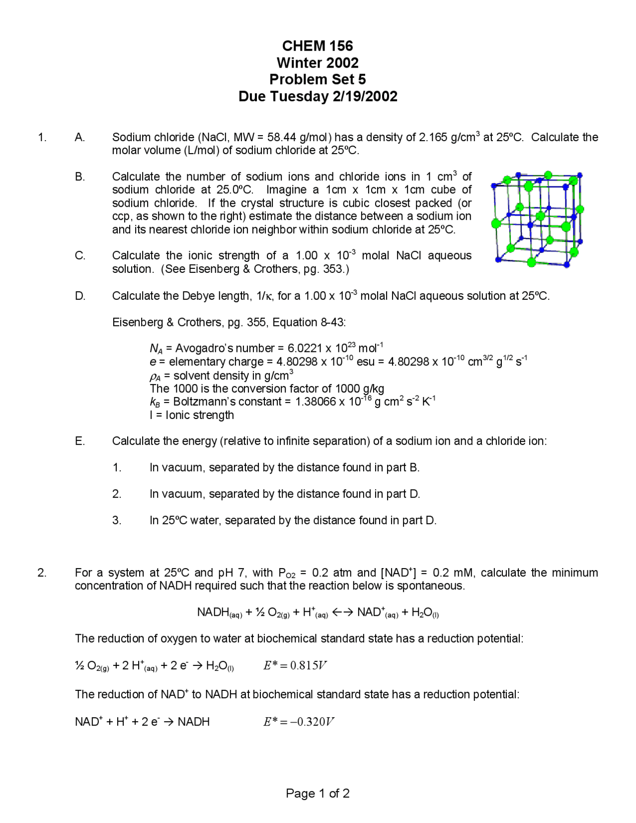 Problem Set 5 Physical Biochemistry Chem 156 Docsity