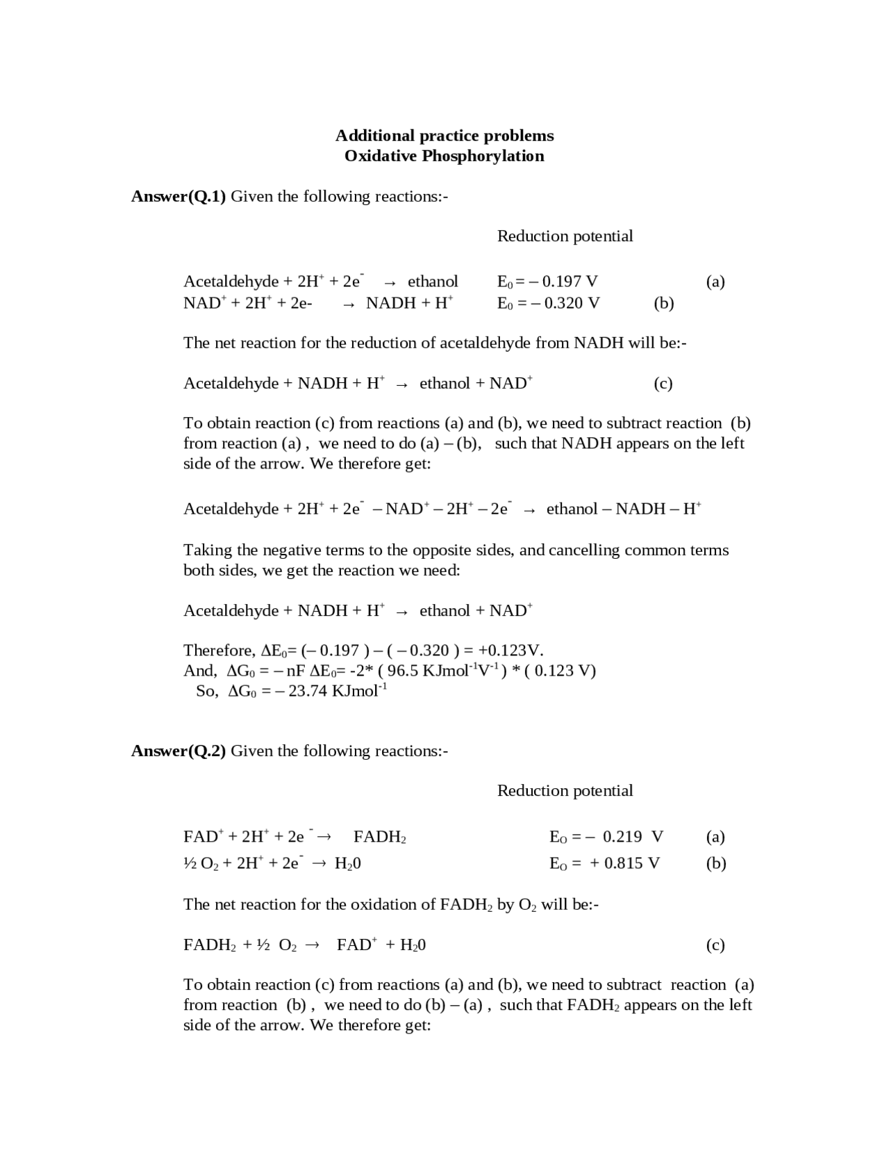 Practice Problems For Oxidative Phosphorylation Bioc 460 Docsity