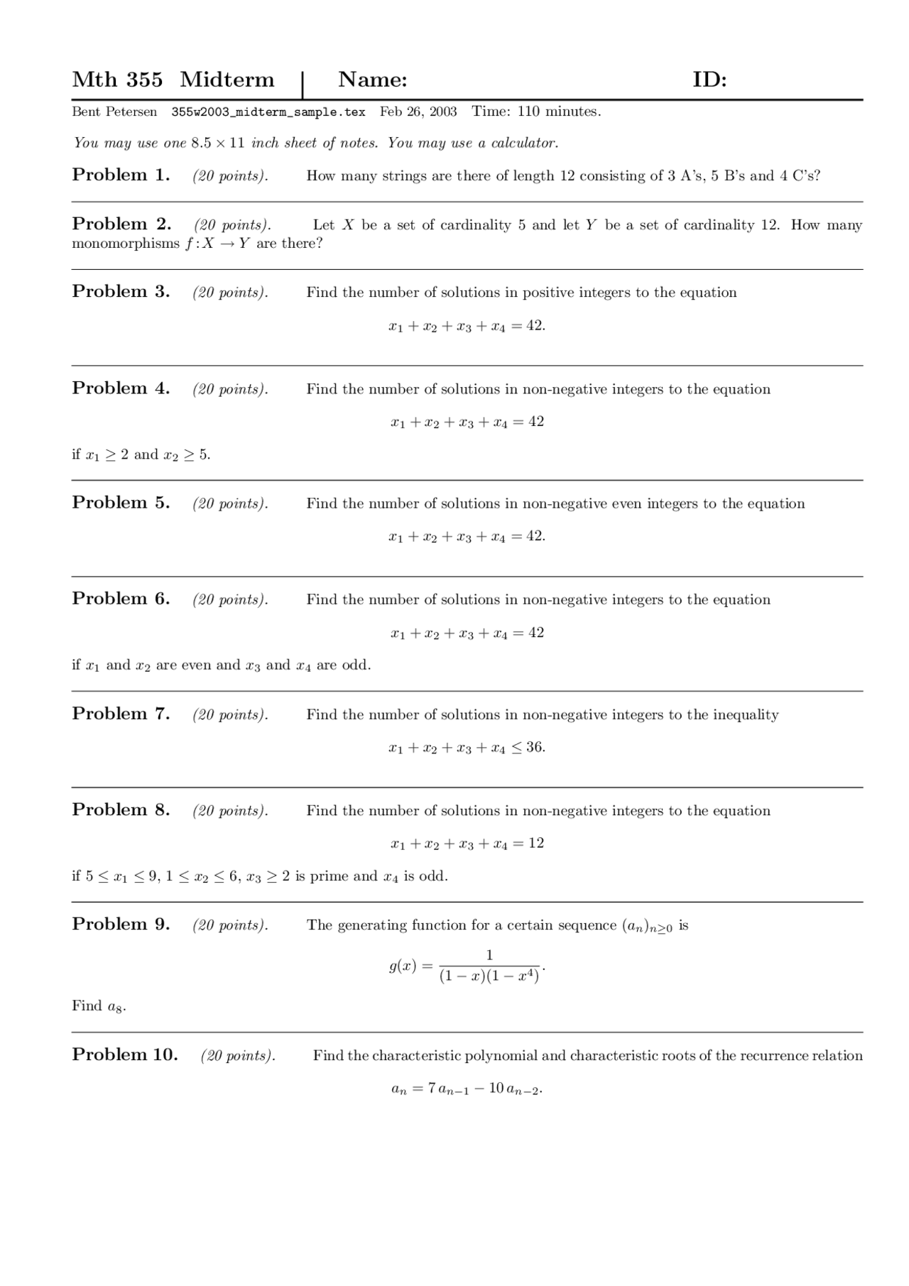 15 Problems Midterm Exam - Discrete Mathematics | MTH 355 | Study notes ...