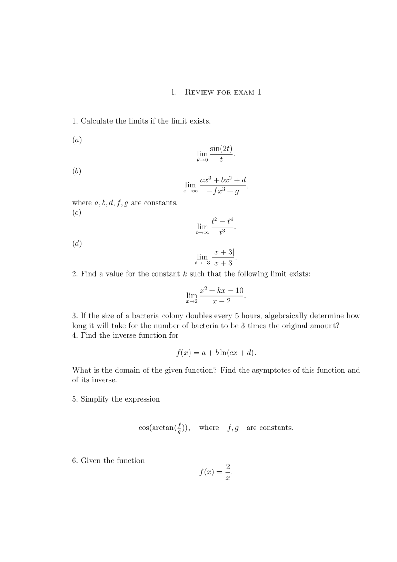 14 Problems On Calculate The Limits Exam 1 Math 124 Docsity