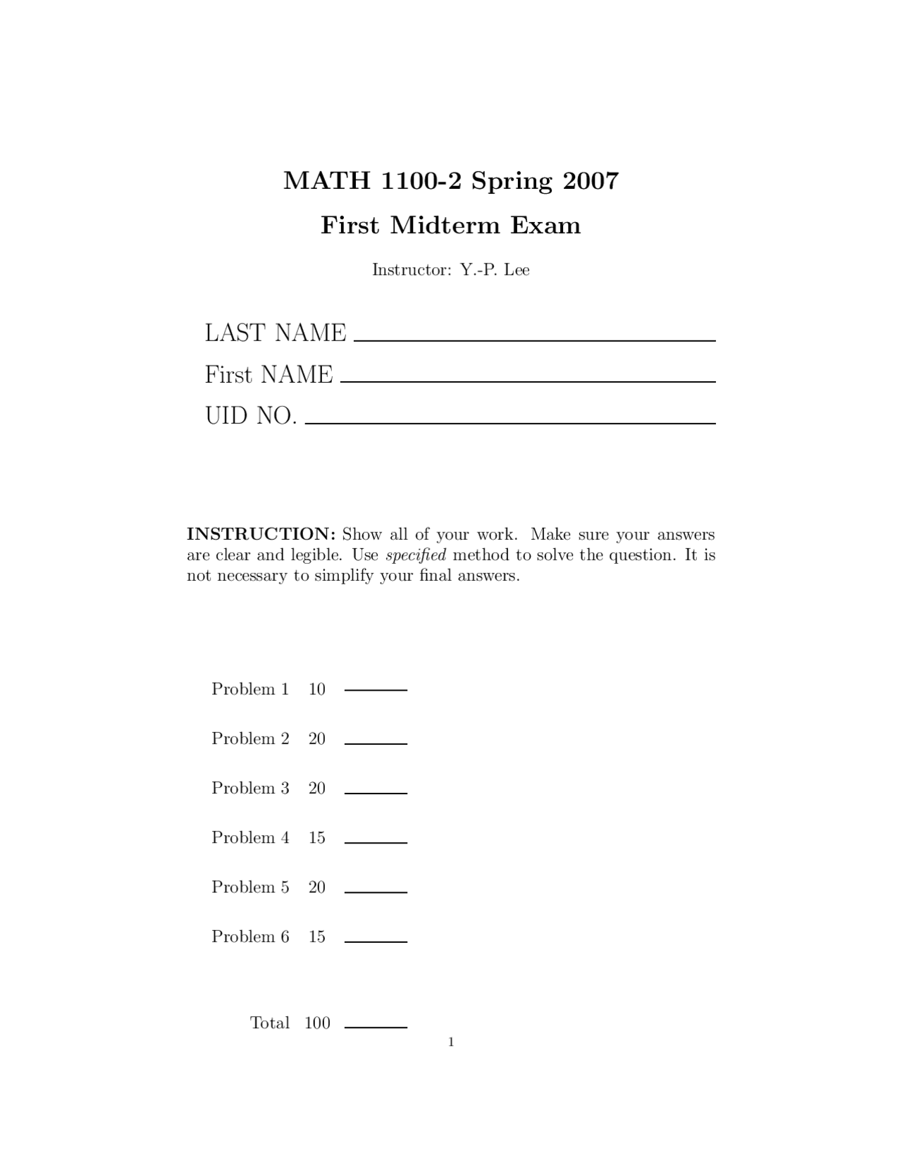 First Midterm Exam Quantitative Analysis Spring 2007 Math 1100